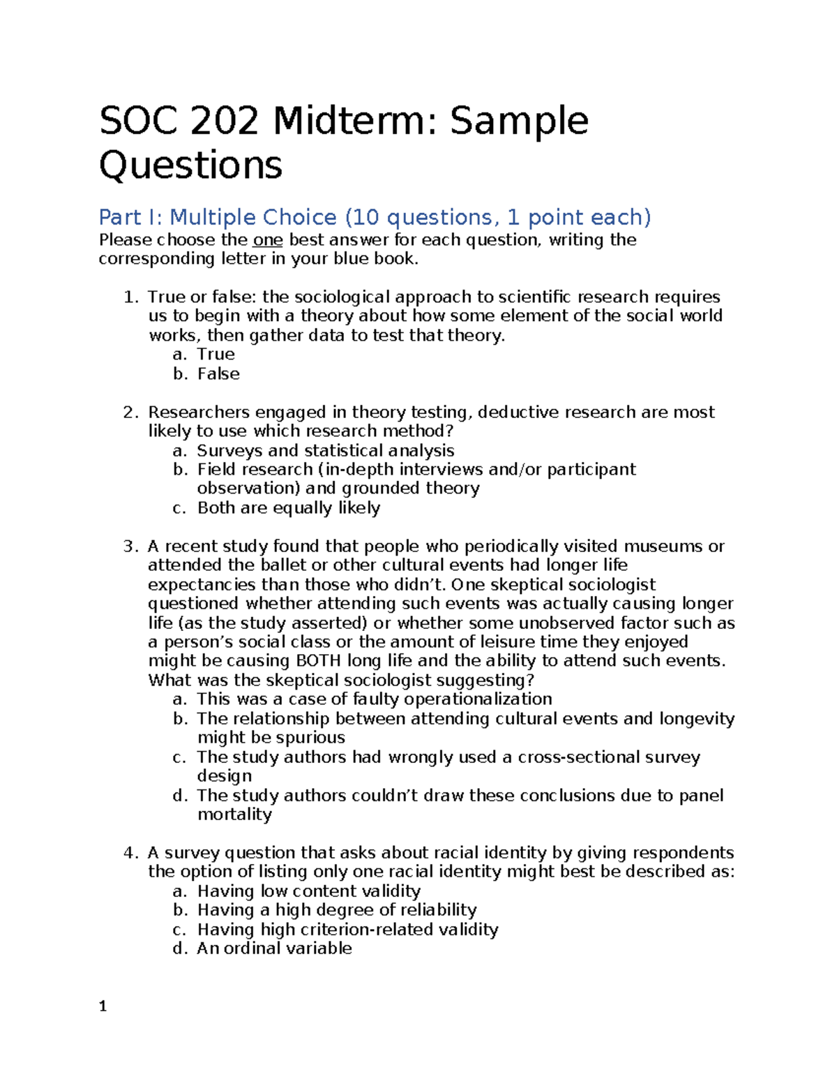 SOC 202 Midterm practice exam - SOC 202 Midterm: Sample Questions Part I: Multiple Choice (10 ...