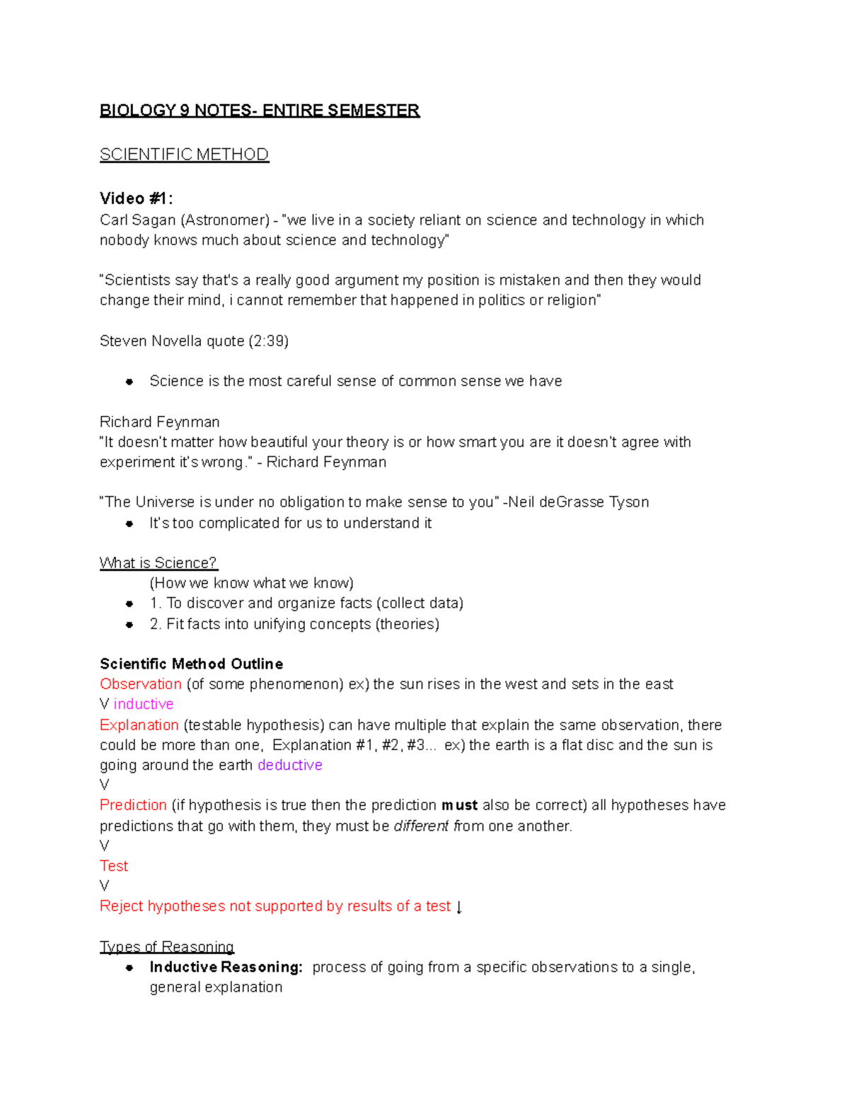 Biology 9 Notes - BIOLOGY 9 NOTES- ENTIRE SEMESTER SCIENTIFIC METHOD ...