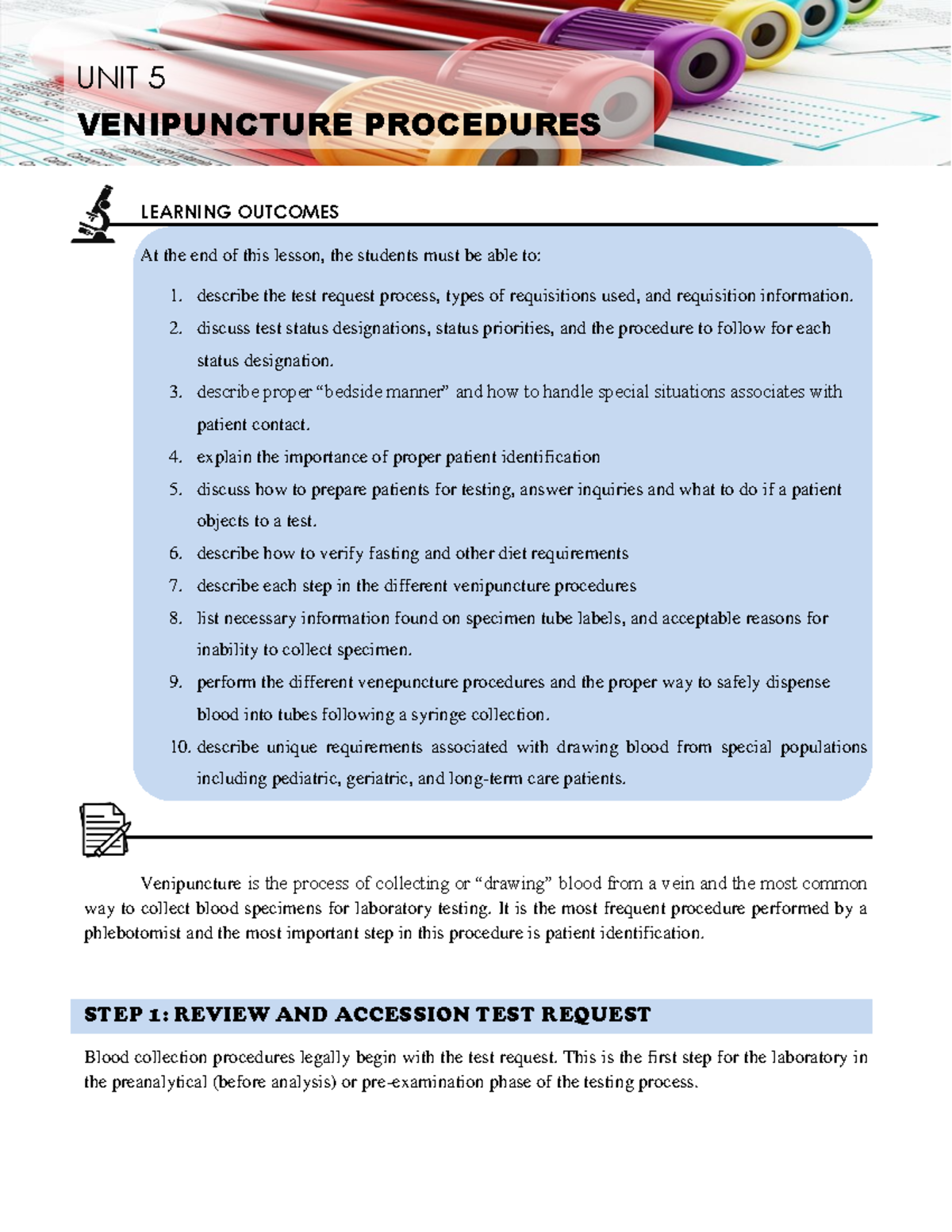 5 Venipuncture Procedures - At the end of this lesson, the students ...