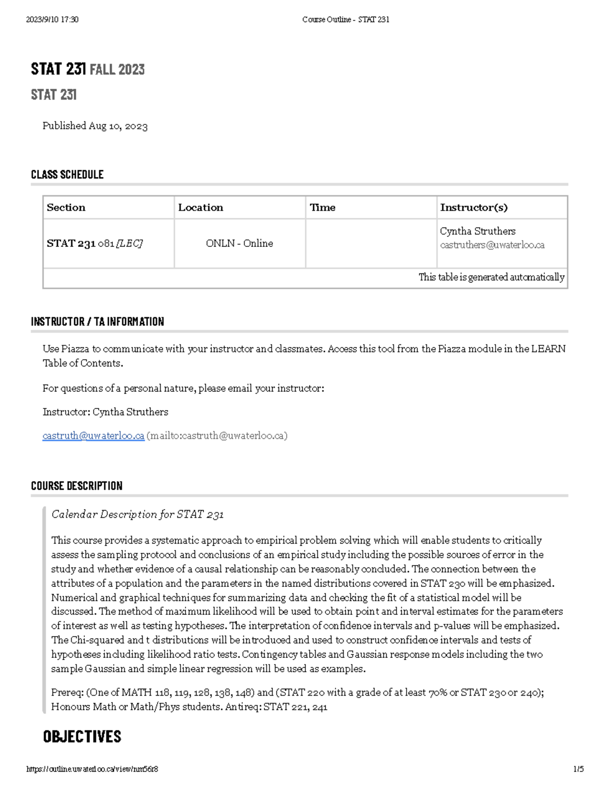 Course Outline - STAT 231 - STAT 231 FALL 2023 STAT 231 Published Aug ...