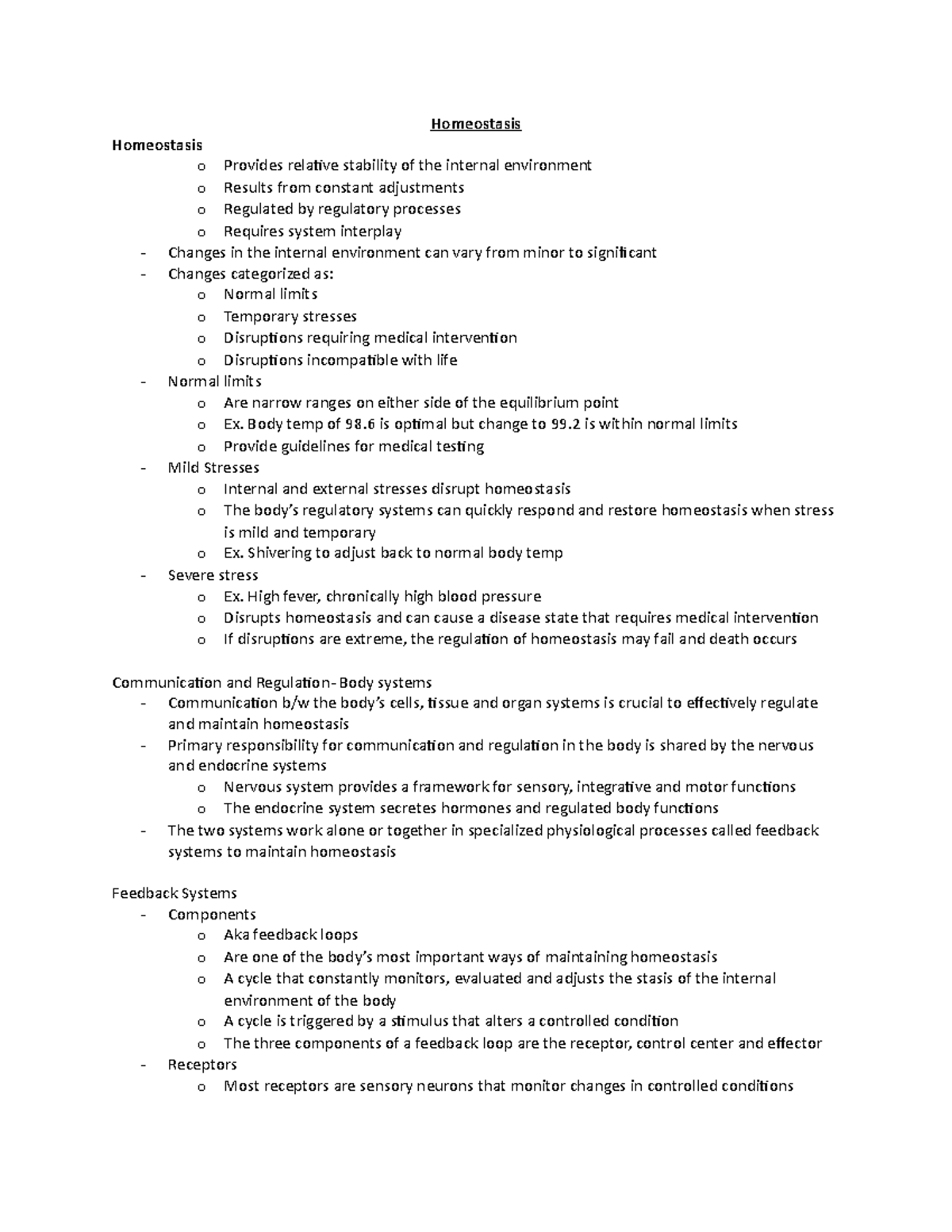Homeostasis - Lecture notes 1 - Homeostasis Homeostasis o Provides ...