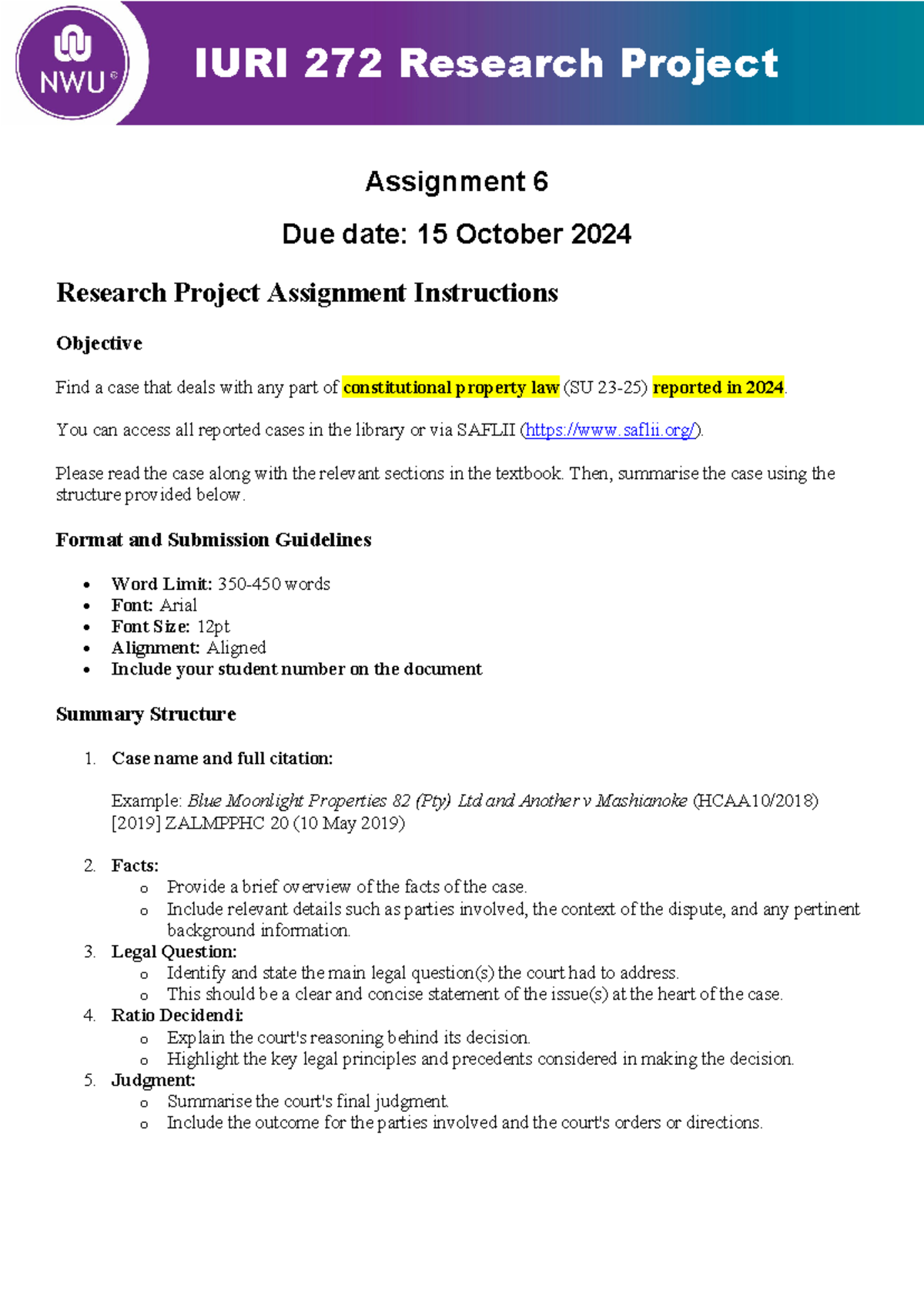 IURI272 Assignment 6 Research project - Assignment 6 Due date: 15 ...
