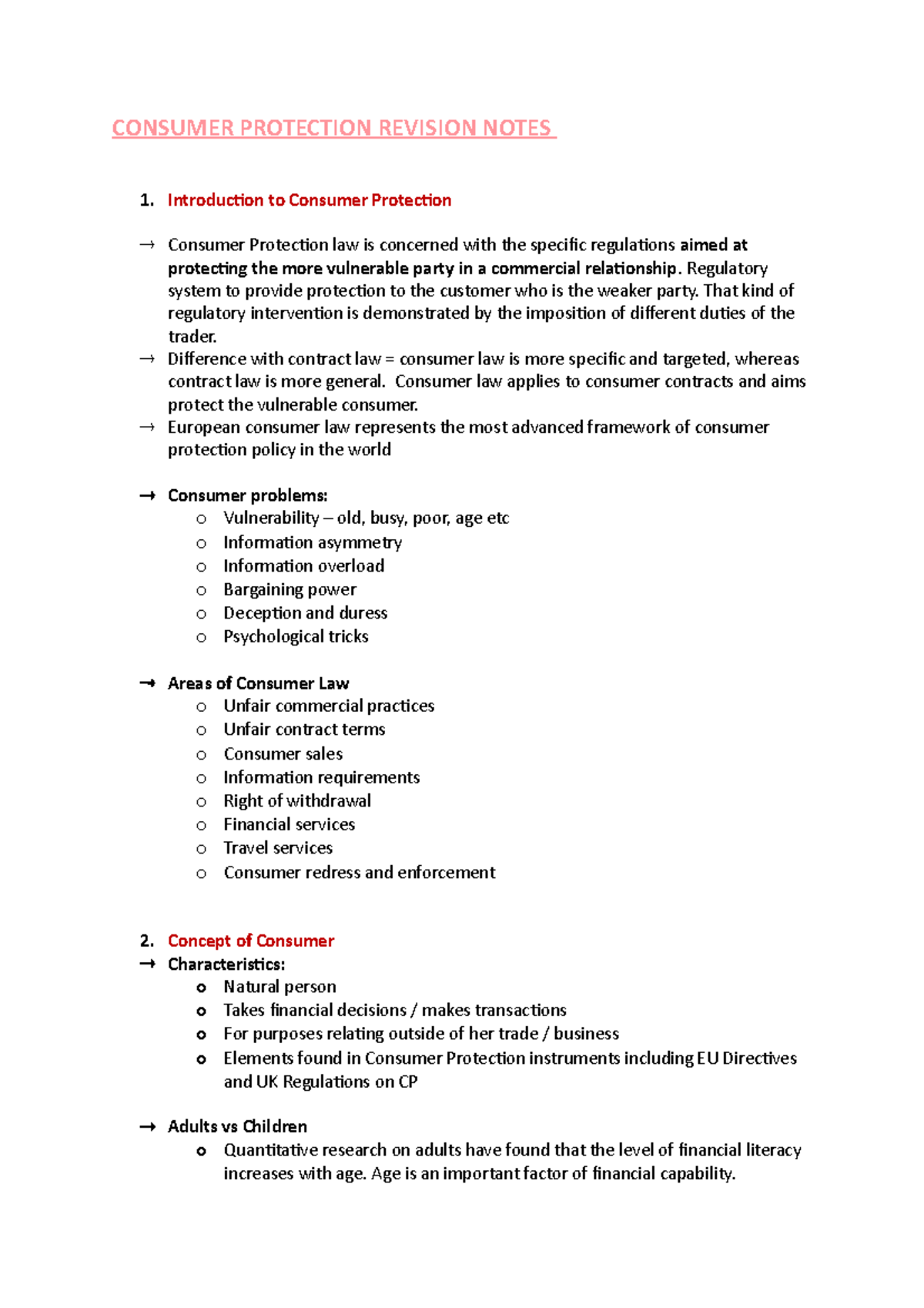 CP Revision Notes - CONSUMER PROTECTION REVISION NOTES 1. Introduction ...