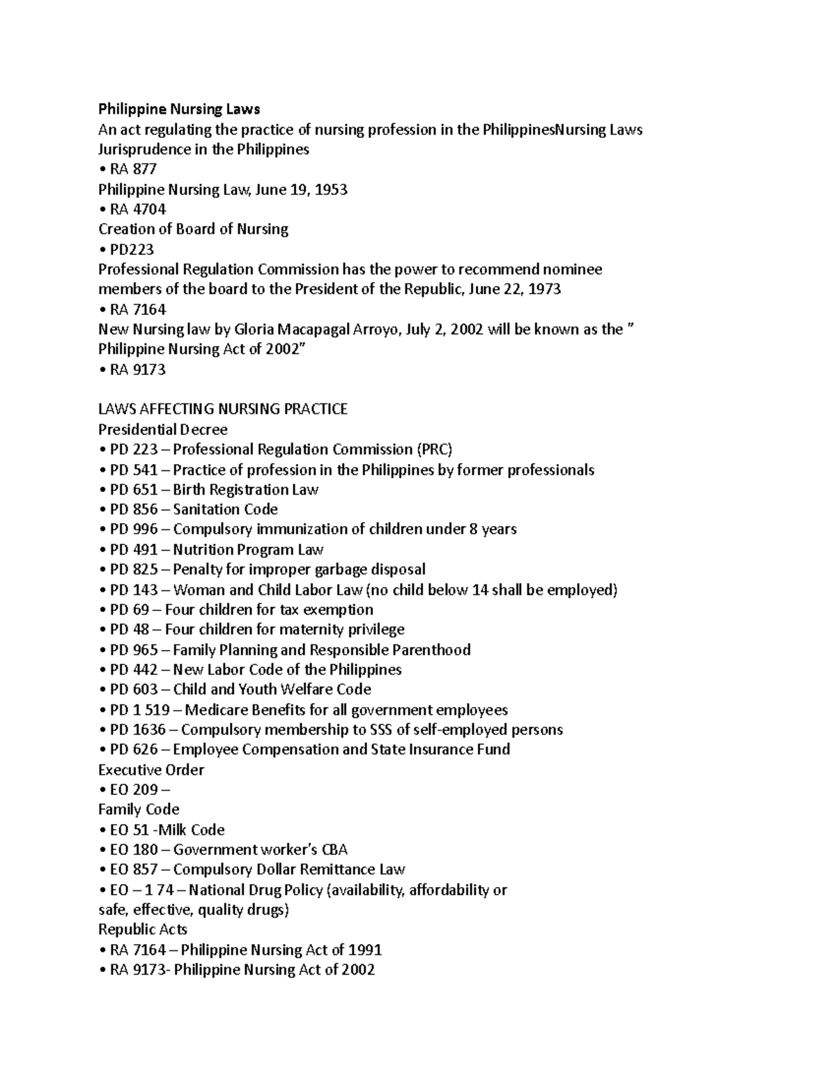 Other PH LAWS - Summary Medical Surgical Nursing - Philippine Nursing ...