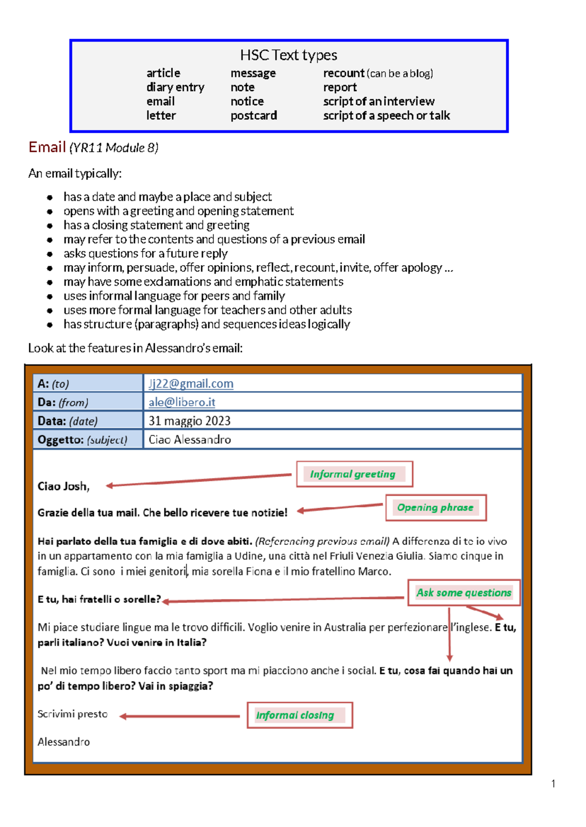 TEXT Types - HSC Italian - HSC Text types ####### article message ...