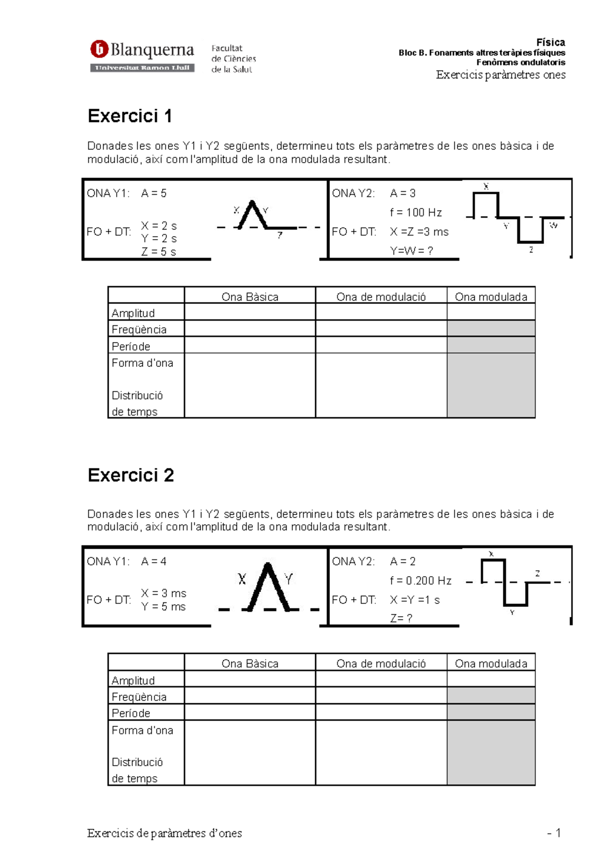 Exercicis Parametres ones on line - Bloc B. Fonaments altres teràpies físiques Fenòmens ...