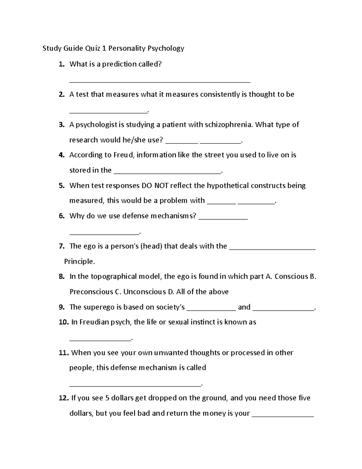 Study Guide Quiz 1 Personality - Study Guide Quiz 1 Personality ...