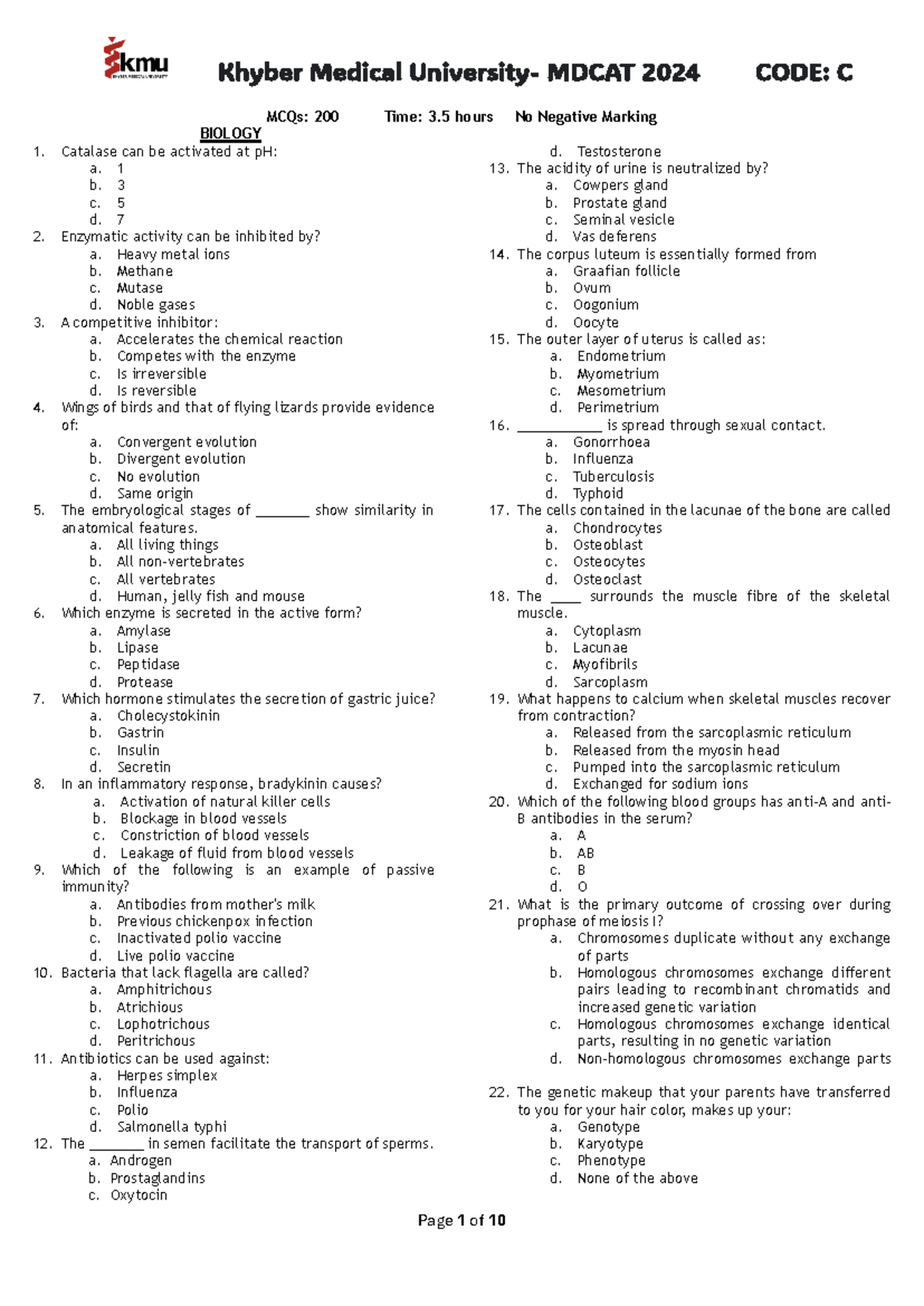 Mdcatver C - mdcat 2024 Test - MCQs: 200 Time: 3 hours No Negative ...