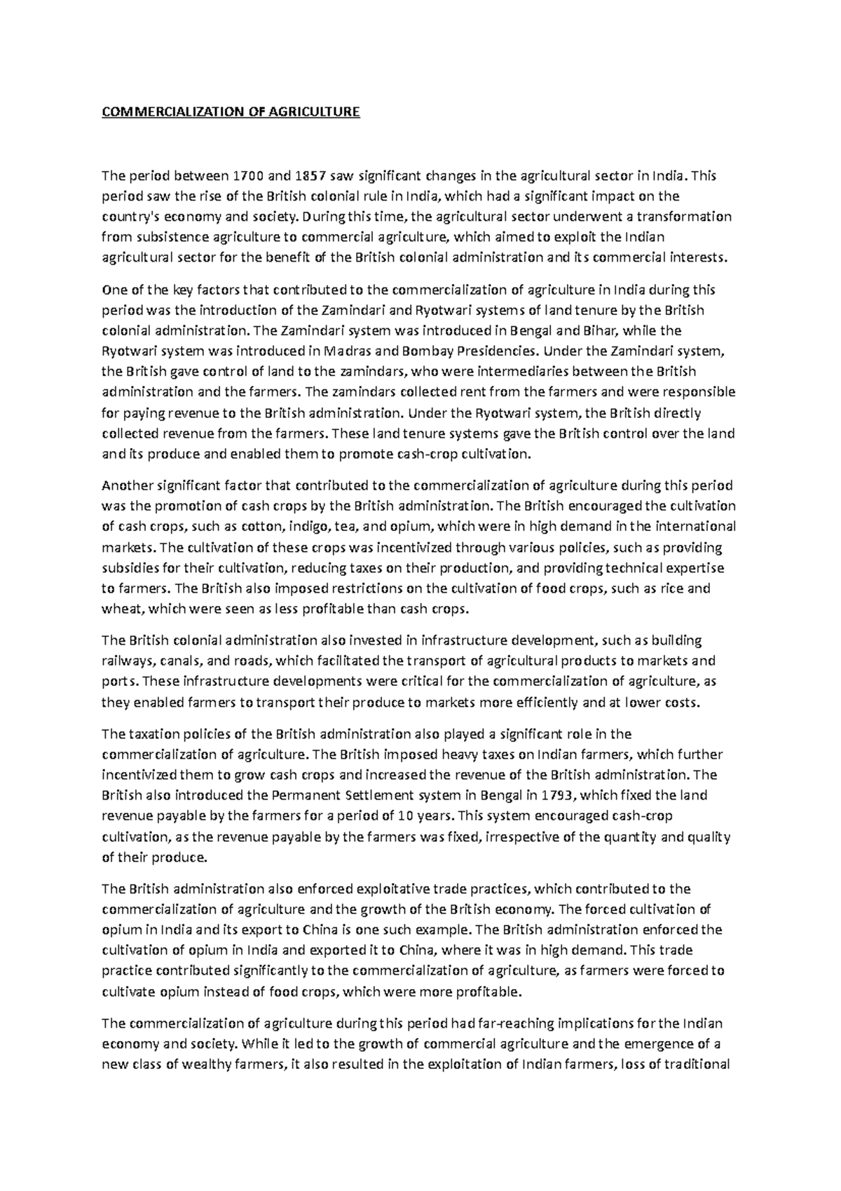 Commercialization OF Agriculture - COMMERCIALIZATION OF AGRICULTURE The ...