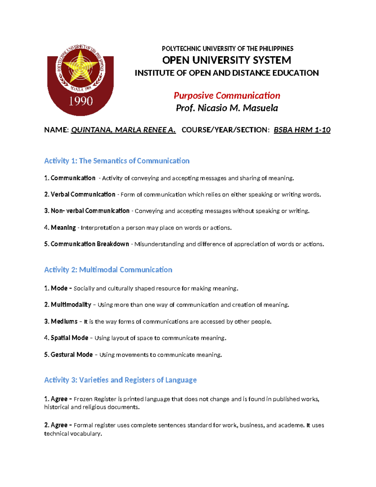 Quintana, Marla Renee Purposive Communication - POLYTECHNIC UNIVERSITY ...