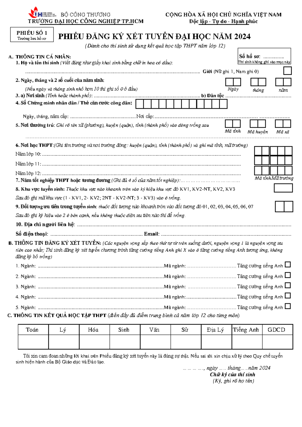 IUH Phieu Dang Ky Xet Tuyen HB 2024 New - BỘ CÔNG THƯƠNG TRƯỜNG ĐẠI HỌC CÔNG NGHIỆP TP CỘNG HÒA ...