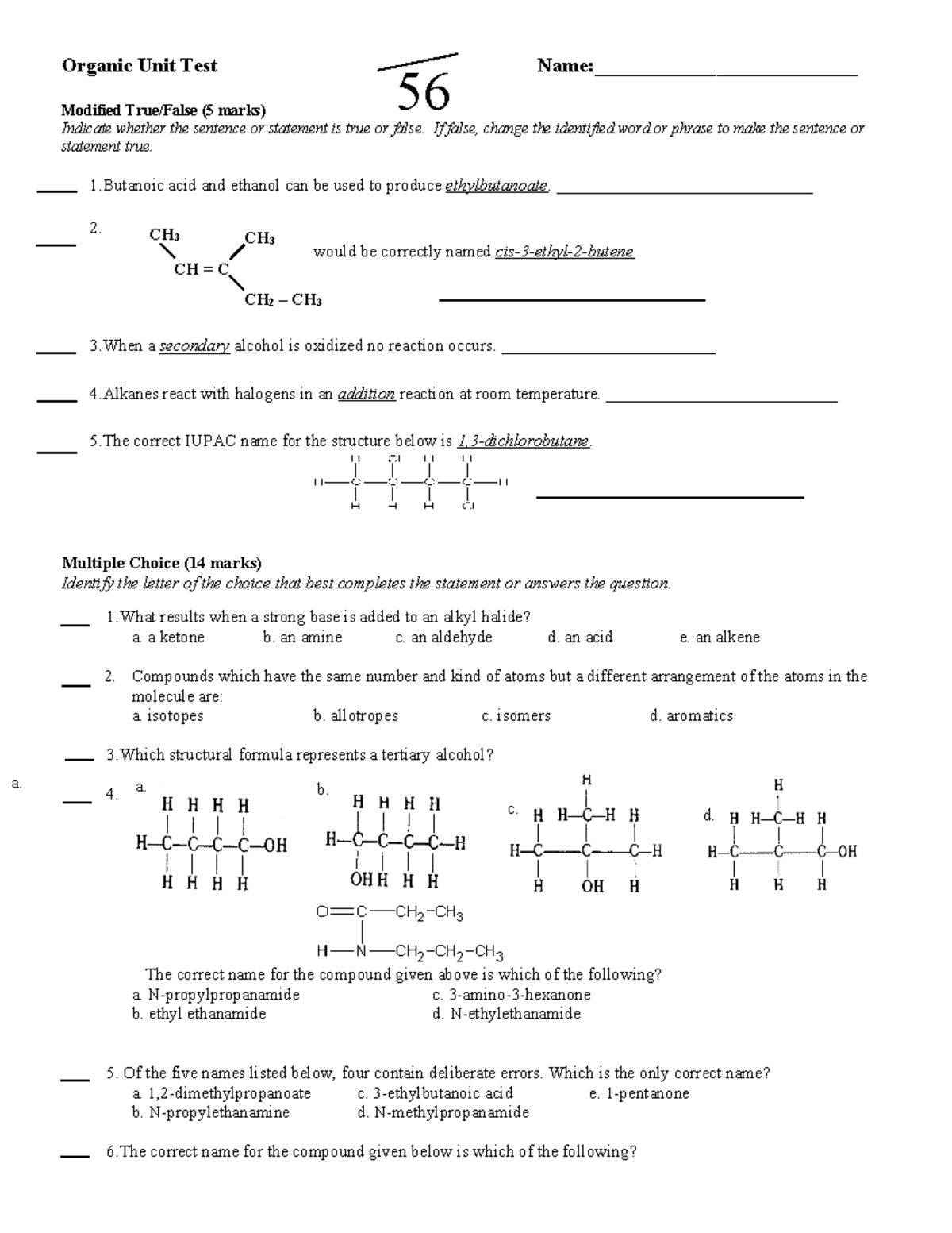 Organic Unit Test Grade 12 Chem BCSS - Organic Unit Test Name ...