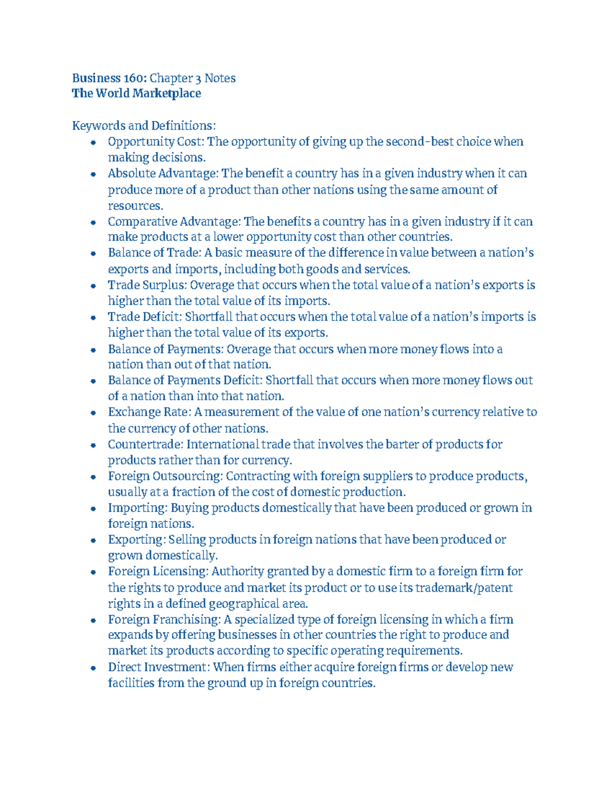 Chapter 3 Notes - Business 160: Chapter 3 Notes The World Marketplace ...