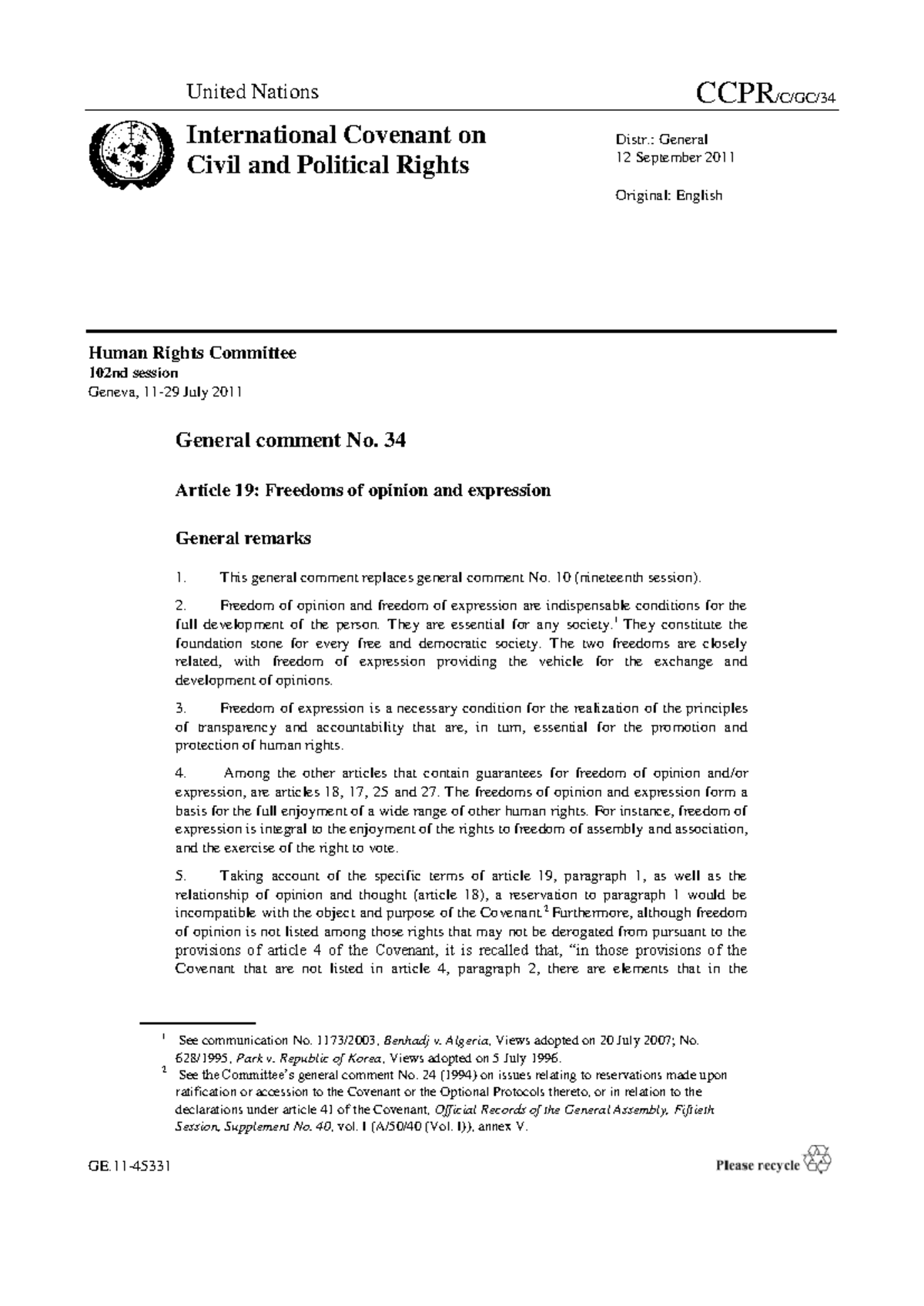 Gc34 - general comment 34 - GE- Human Rights Committee 102nd session ...