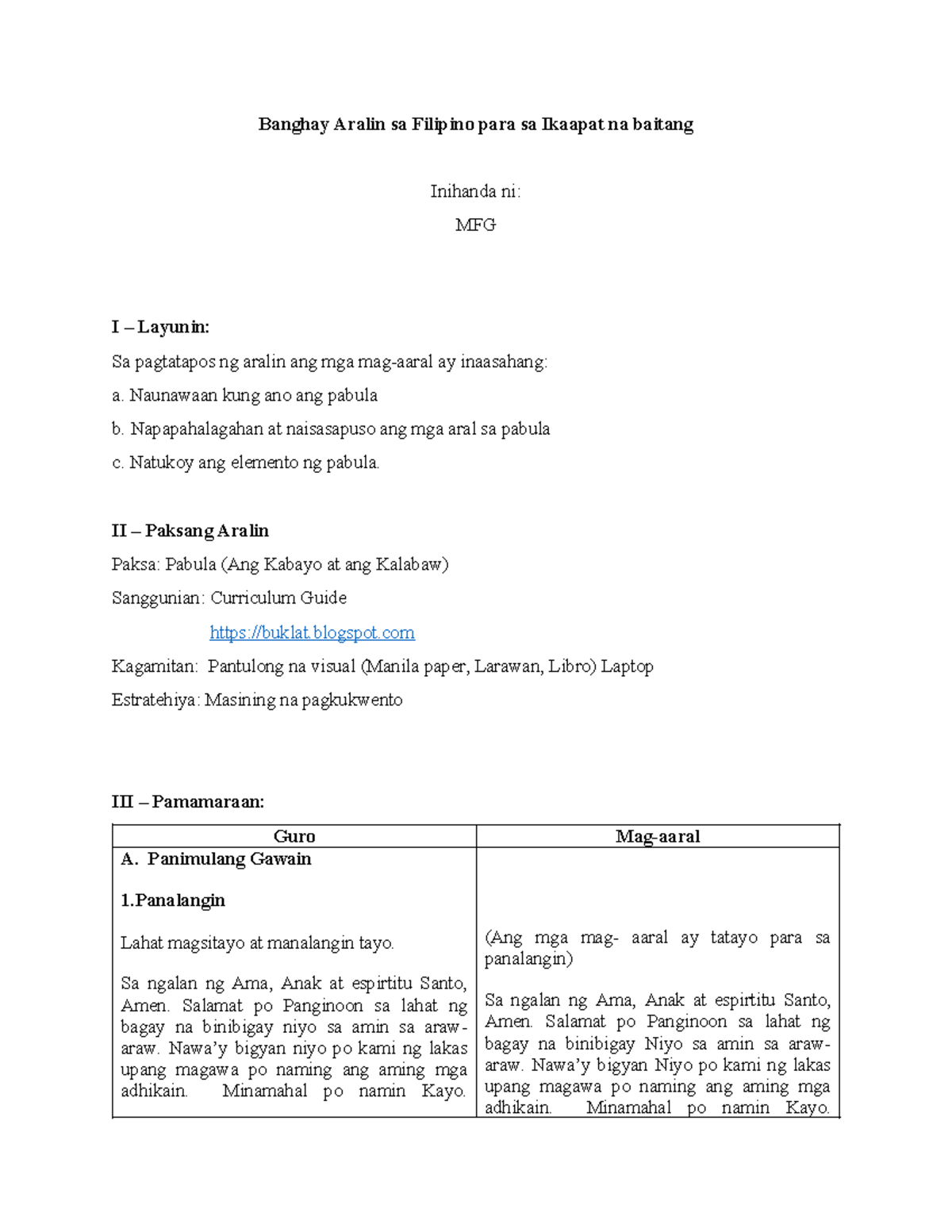 Pabula Lesson PLAN - project purposes - Banghay Aralin sa Filipino para ...