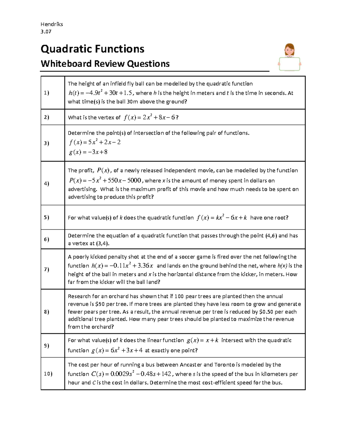 3.07 - Quadratic Functions - Whiteboard Review Questions - Hendriks 3 ...