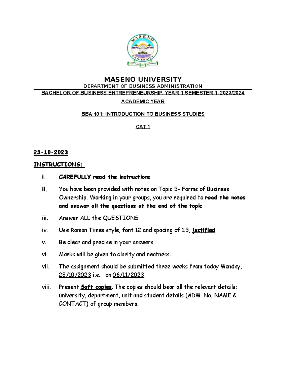 BBA 101 CAT 1 2023 - Samarrised notes - MASENO UNIVERSITY DEPARTMENT OF ...