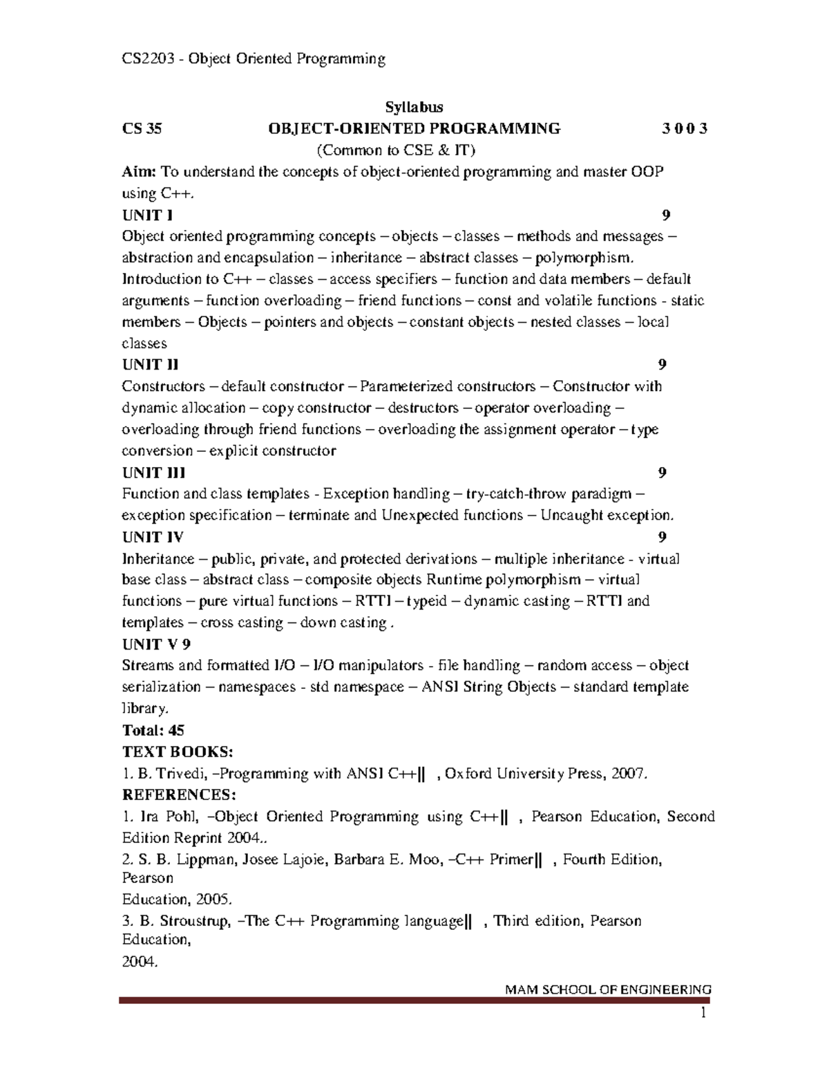 MAM School OF Engineering C++ 2020 Notes - CS2203 Object Oriented ...