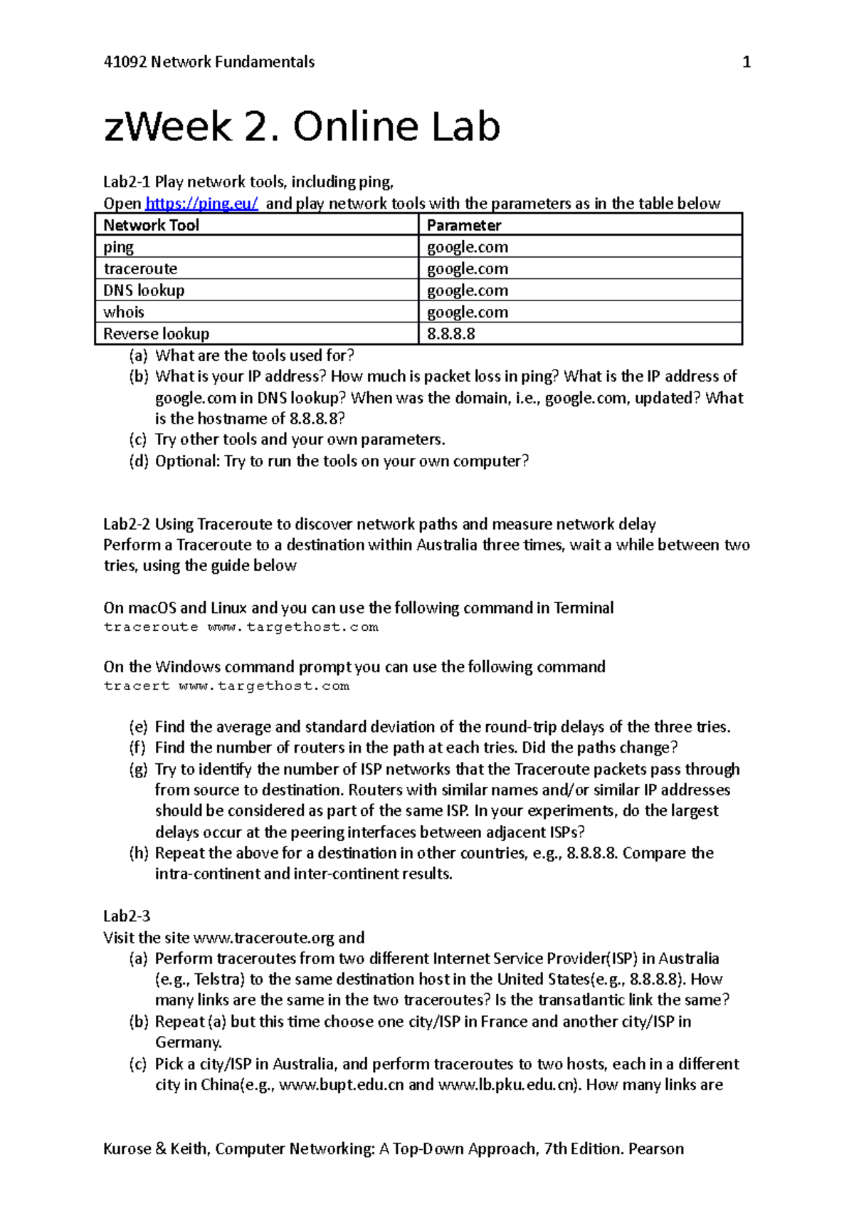 Week2-Lab - Traceroute Xu - 41092 Network Fundamentals zWeek 2. Online Lab Lab2-1 Play network ...