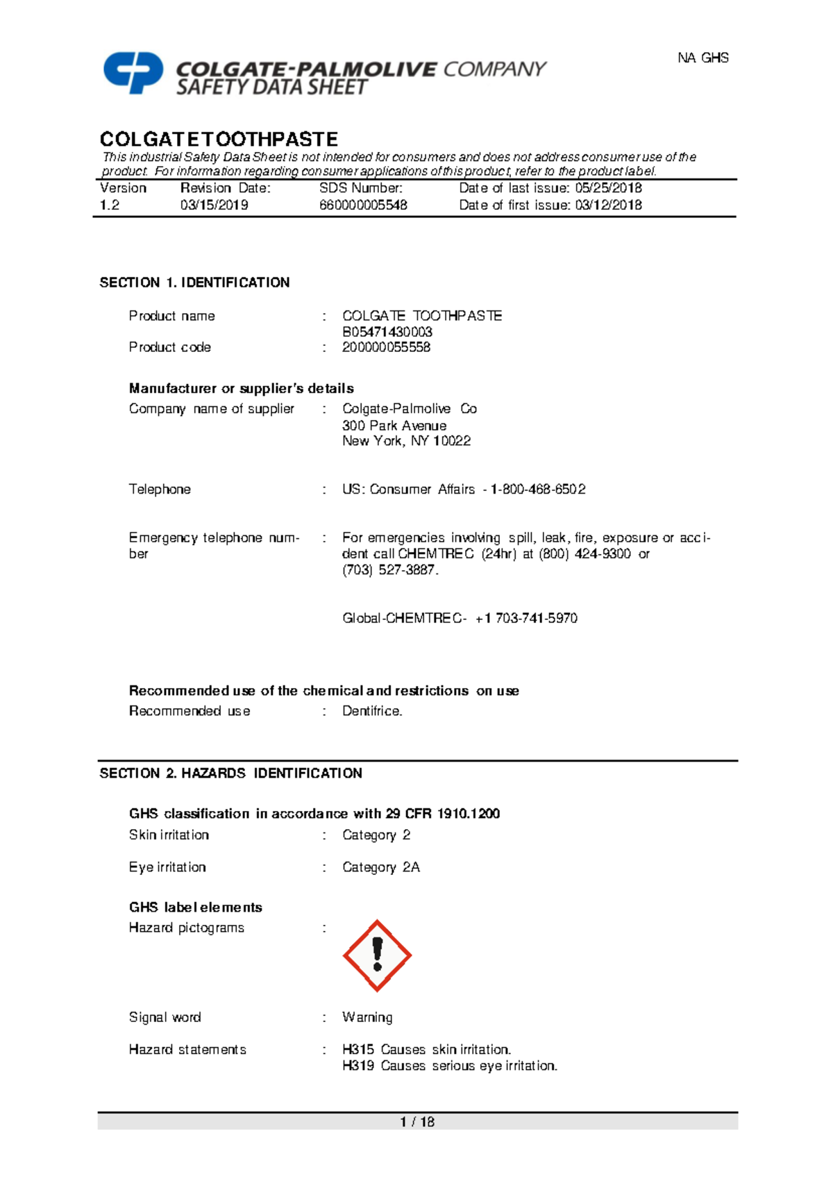 SDS sheet - idk - COLGATE TOOTHPASTE This industrial Safety Data Sheet ...