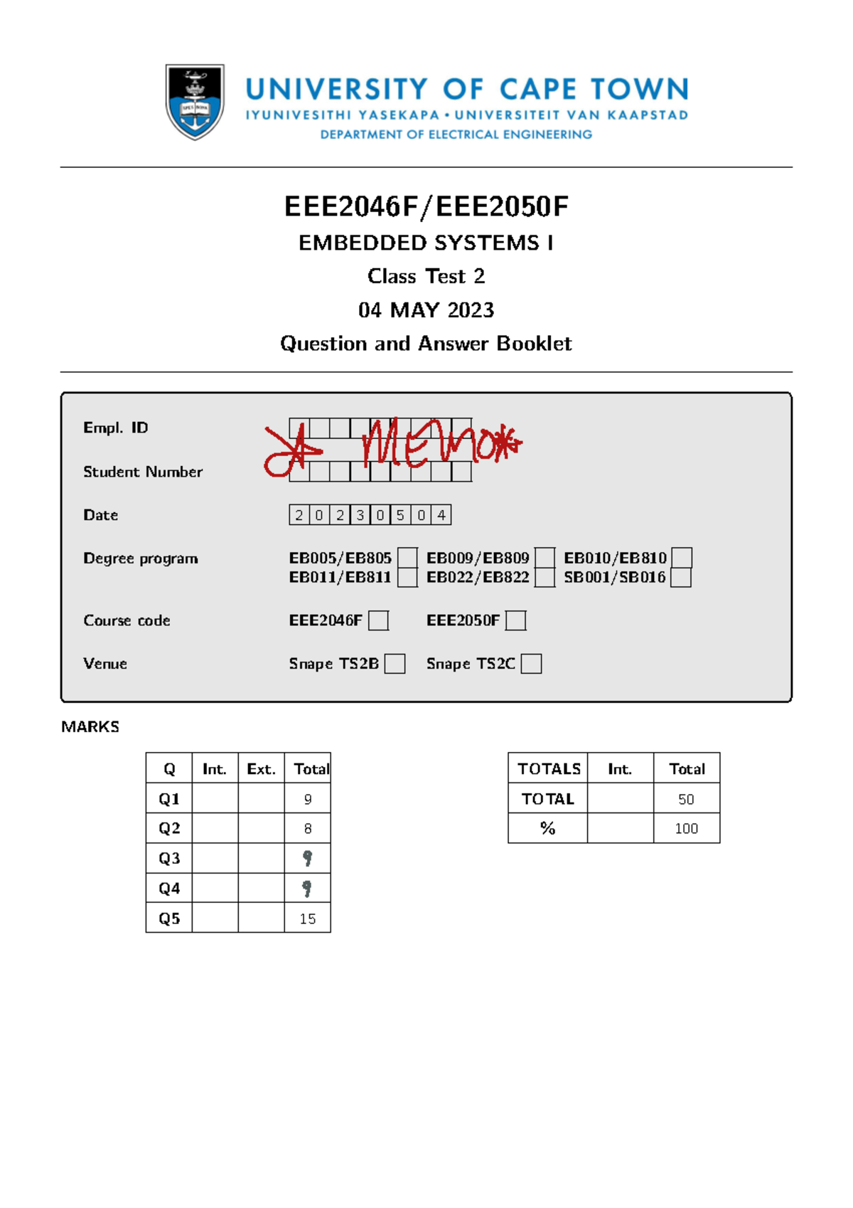 2023 EEE Class Test 2 MEMO - EEE2046F/EEE2050F EMBEDDED SYSTEMS I Class ...