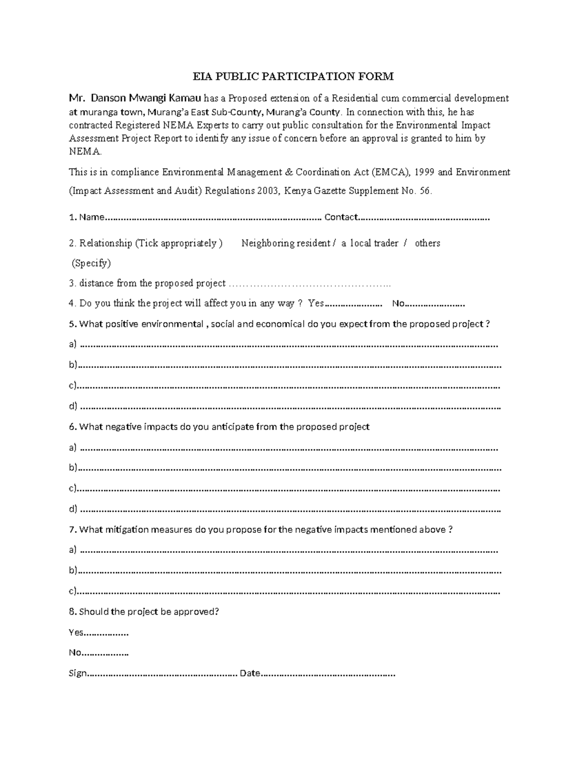 Danson ques - questioinnare - EIA PUBLIC PARTICIPATION FORM Mr. Danson ...