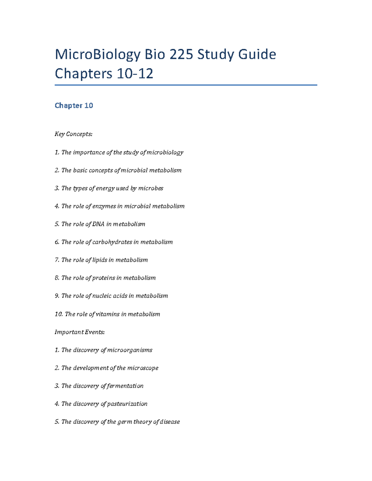 Micro Biology Bio 225 Study Guide Chapters 10-12 - MicroBiology Bio 225 ...