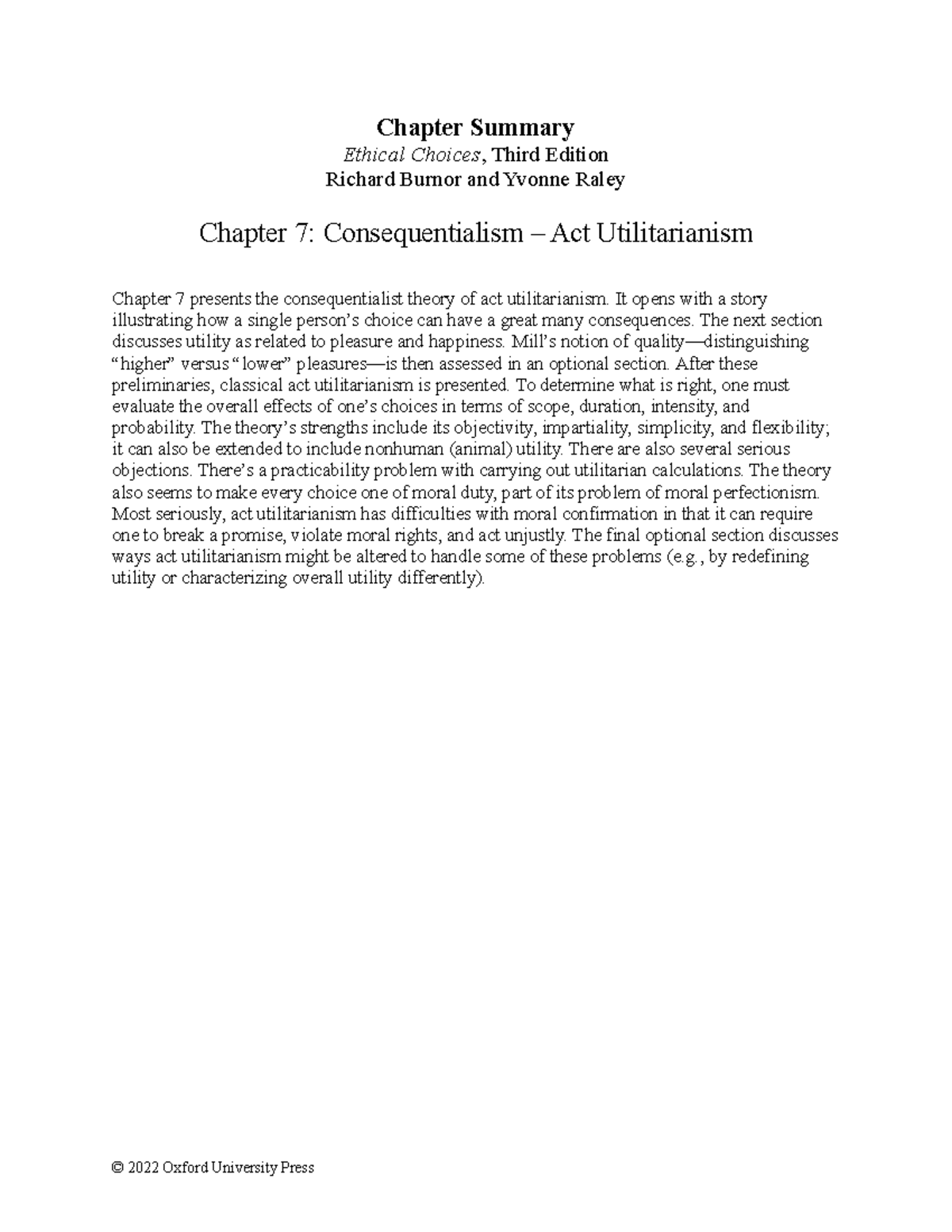 Burnor EC 3e summary ch07 - Chapter Summary Ethical Choices , Third Edition Richard Burnor and ...