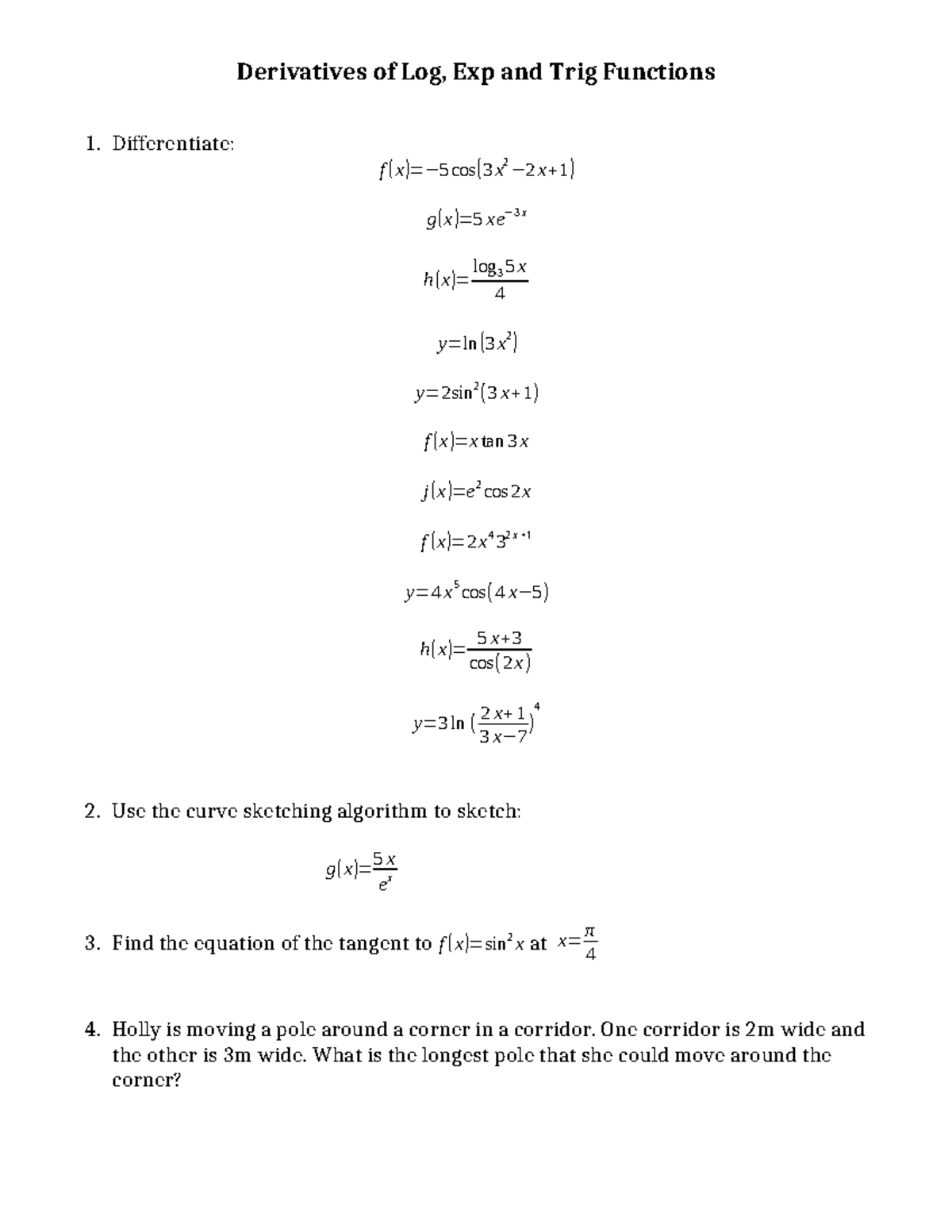 Unit 5 Review #2 - Practice for math - Derivatives of Log, Exp and Trig ...