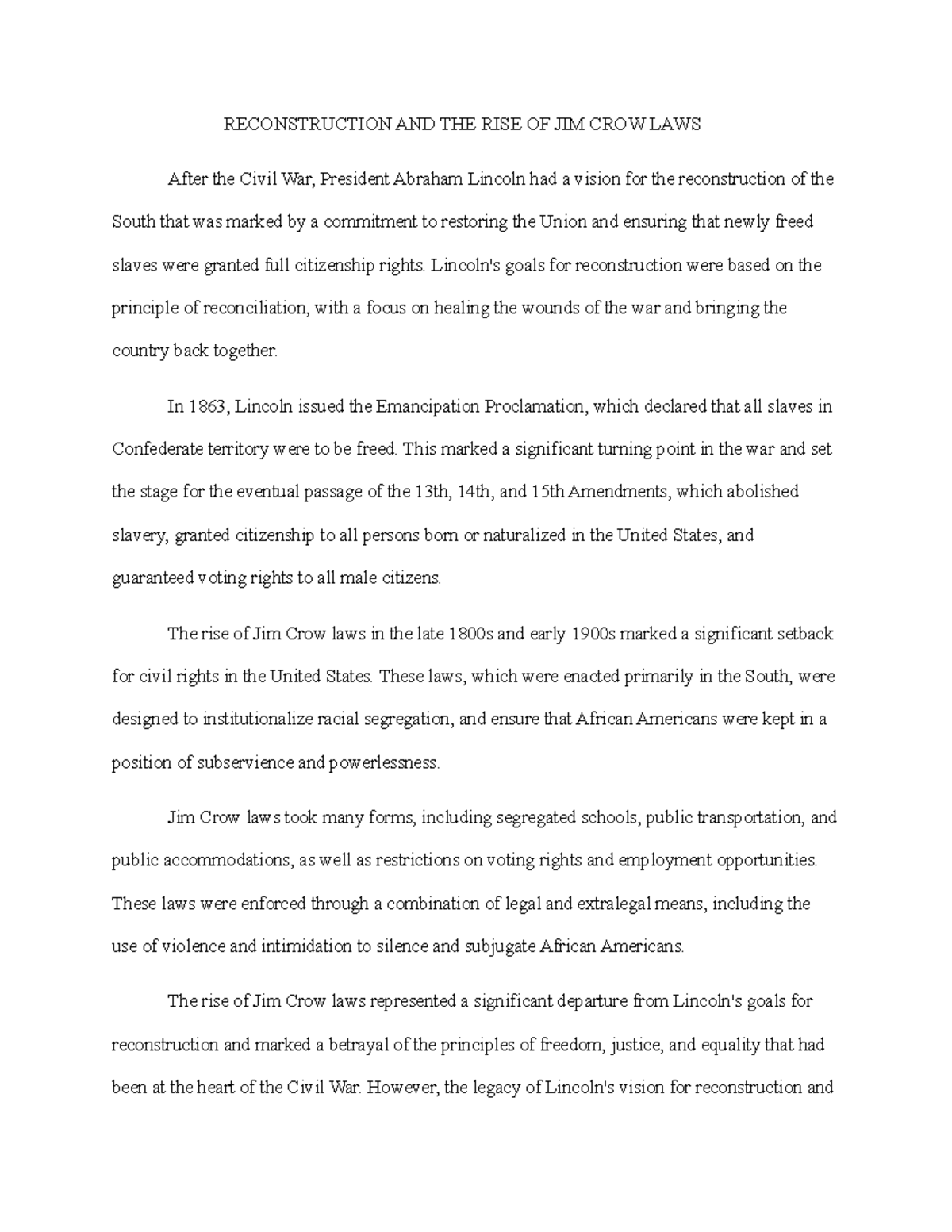 Reconstruction AND THE RISE OF JIM CROW LAWS - RECONSTRUCTION AND THE ...