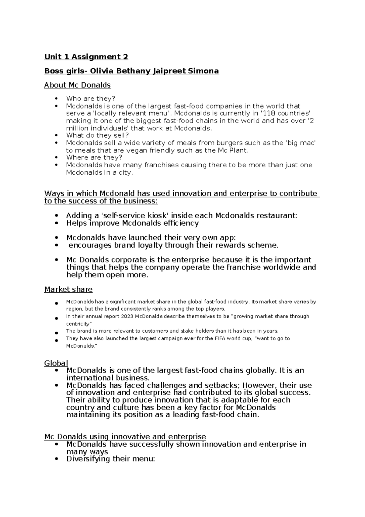 Unit 1 Assignemt 2 - Copy - Unit 1 Assignment 2 Boss girls- Olivia ...