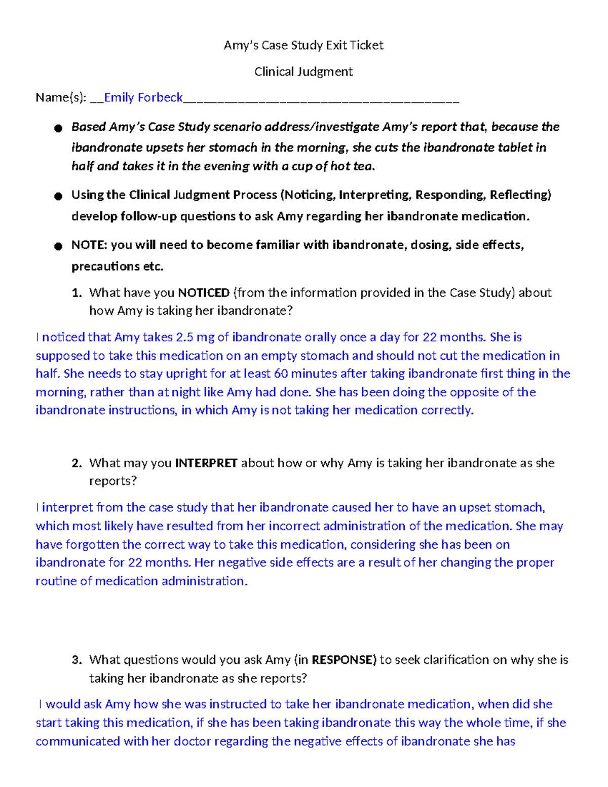 Amy Case Study Exit Ticket Clinical Judgment - Amy’s Case Study Exit ...
