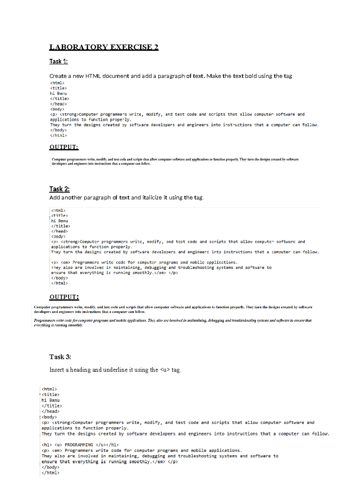 Lab 2 - lab 2 - LABORATORY EXERCISE 2 Task 1: Create a new HTML document and add a paragraph of ...