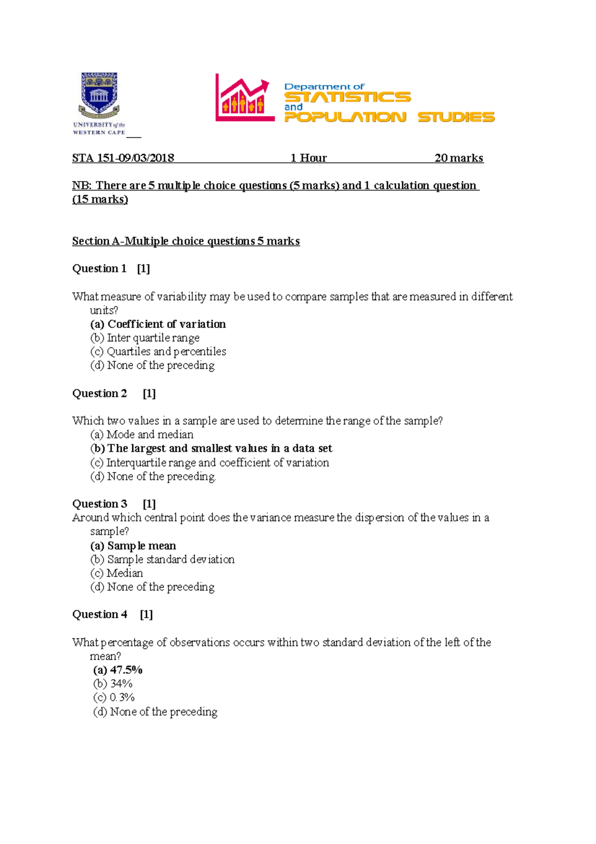 Tut test 2-2018.docx - STA 151-09/03/2018 1 Hour 20 marks NB: There are ...