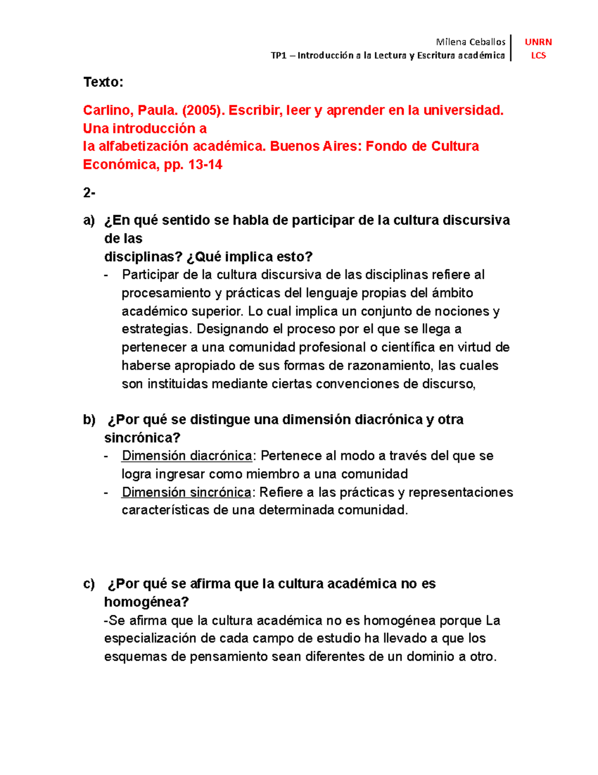 Trabajo escritura - Milena Ceballos TP1 – Introducción a la Lectura y Escritura académica UNRN ...
