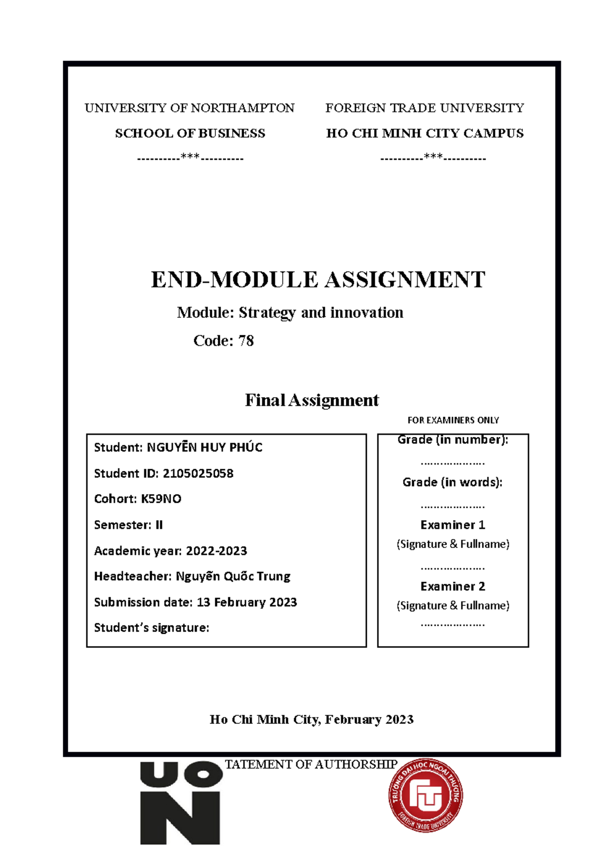 Nguyen Huy Phuc 2105025058 Strategy and innovation - STATEMENT OF ...