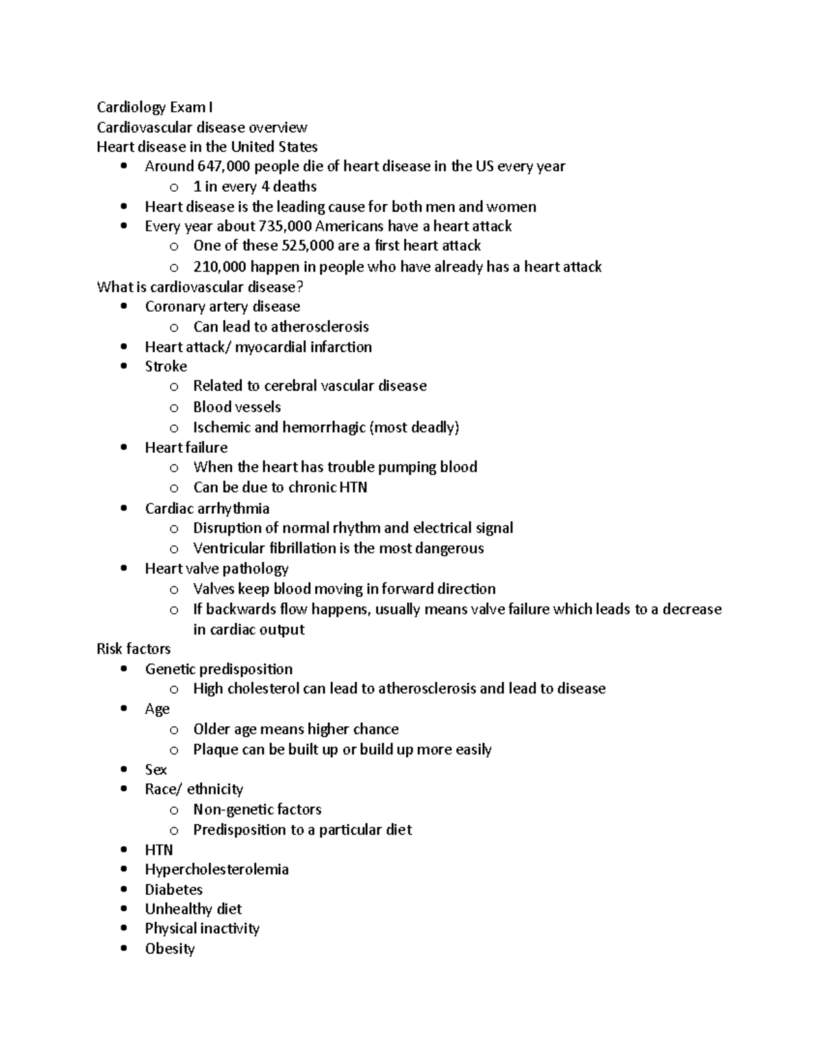 Cardiology Exam I - summary of all exam 1 material - Cardiology Exam I ...