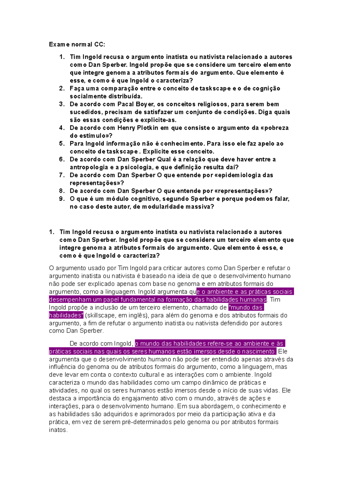 Exame normal CC - Tim Ingold recusa o argumento inatista ou nativista ...