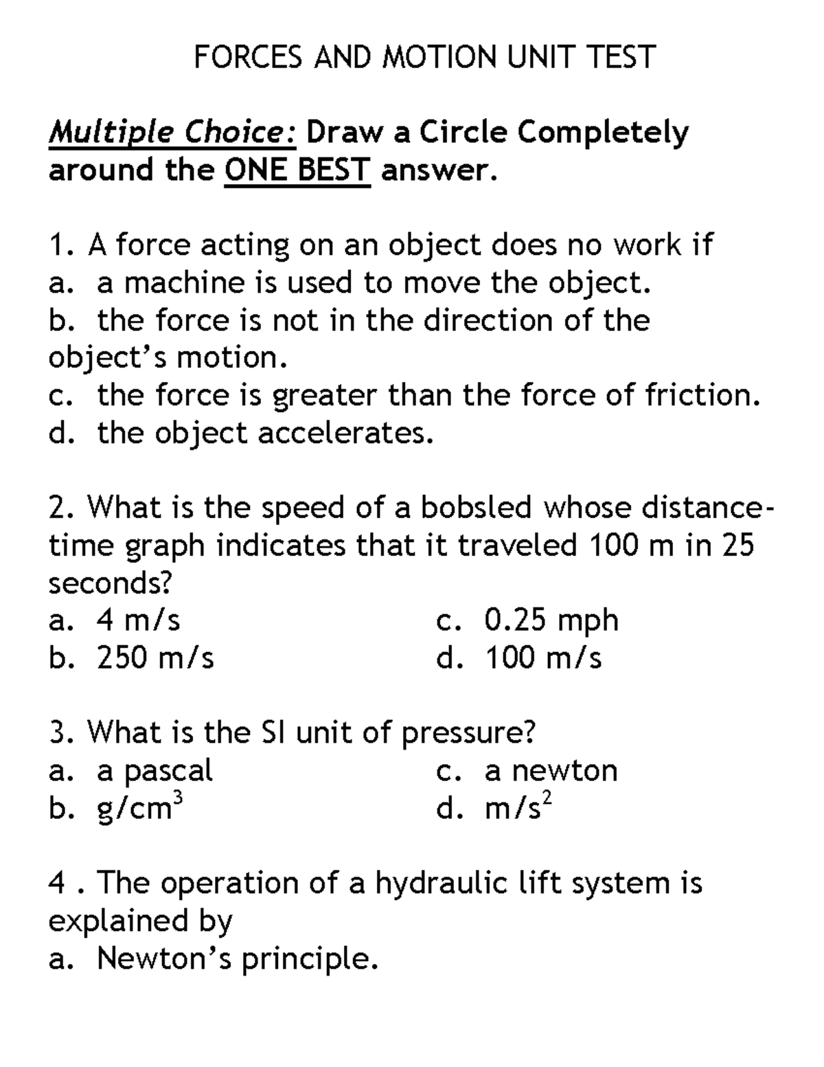 Forces and Motion Unit Test - FORCES AND MOTION UNIT TEST Multiple ...