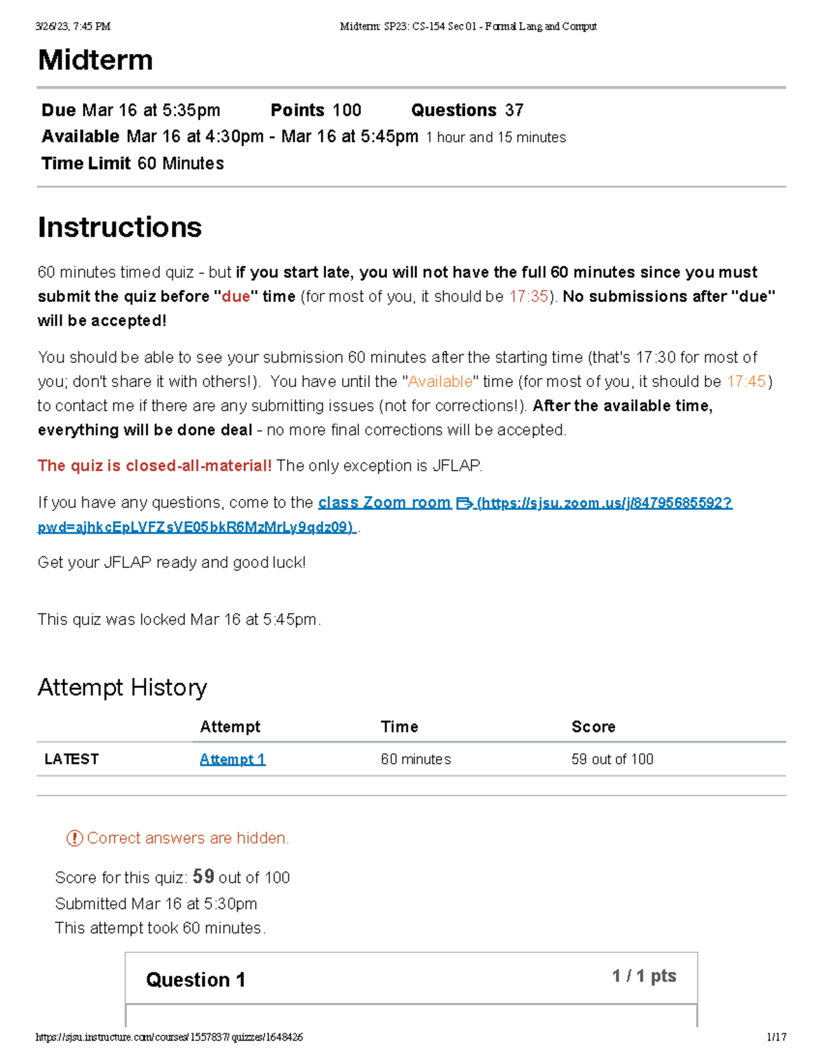 Midterm Sp23 Cs 154 Sec 01 Formal Lang And Comput Midterm Due Mar 16 At 535pm Points 100