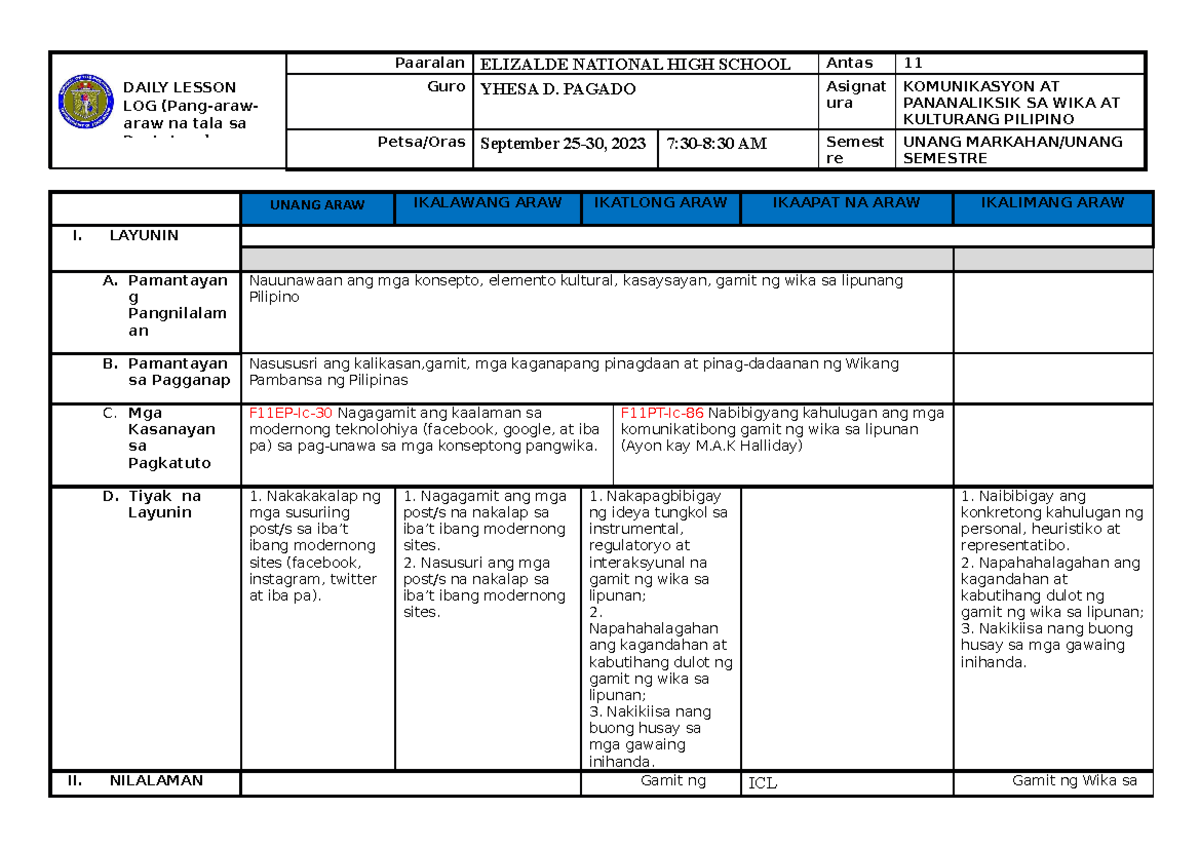 Daily Lesson LOG 4th - jhuuhu - Paaralan ELIZALDE NATIONAL HIGH SCHOOL ...