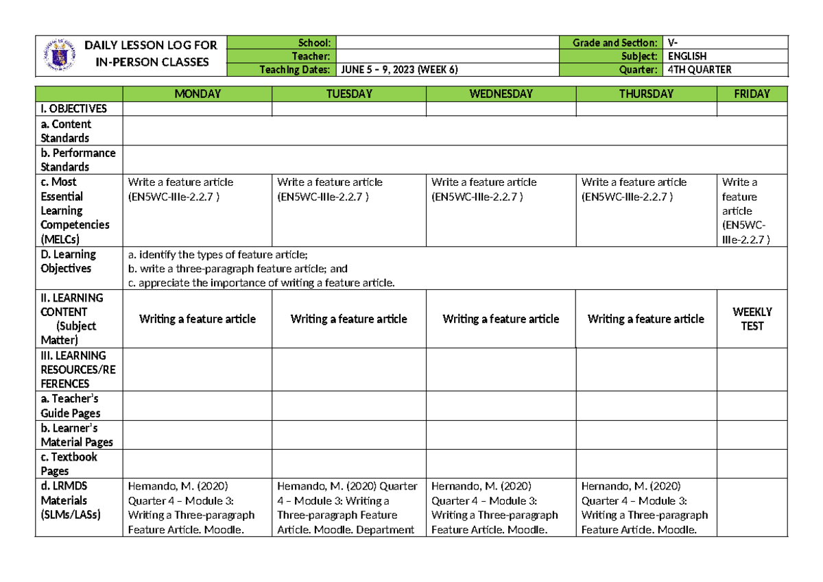 English 5 WEEK 6 - none - DAILY LESSON LOG FOR IN-PERSON CLASSES School ...
