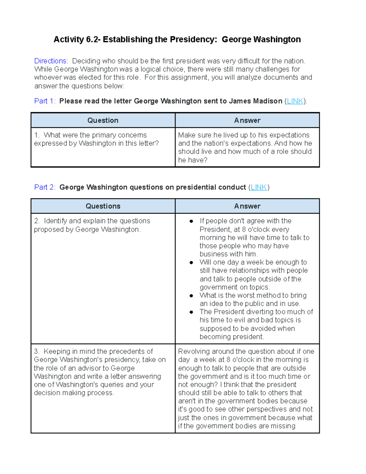 Establishing the Presidency George Washington - Activity 6 ...