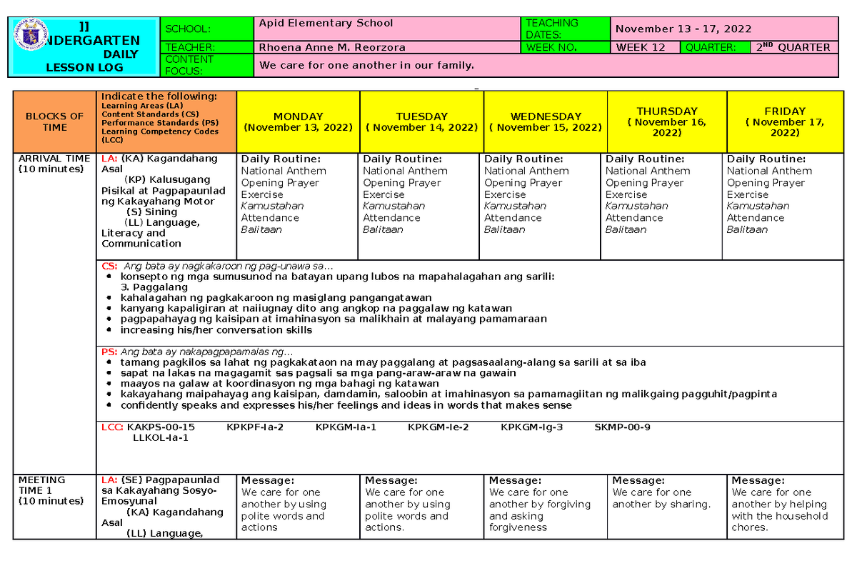 Kindergarten-DLL Q2 W2 - ]] KINDERGARTEN DAILY LESSON LOG SCHOOL: Apid ...