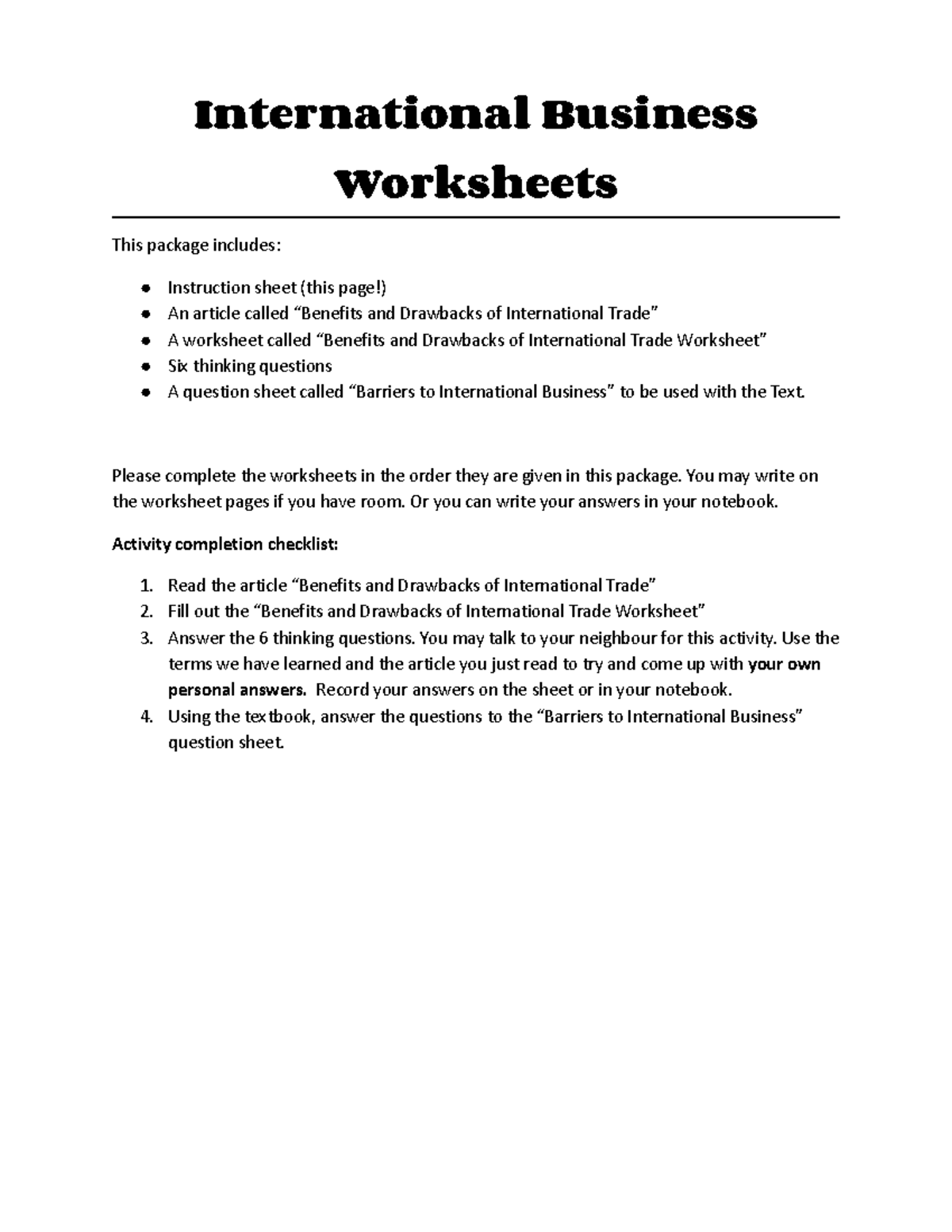 BBI2O International Business Worksheet instruction - International ...