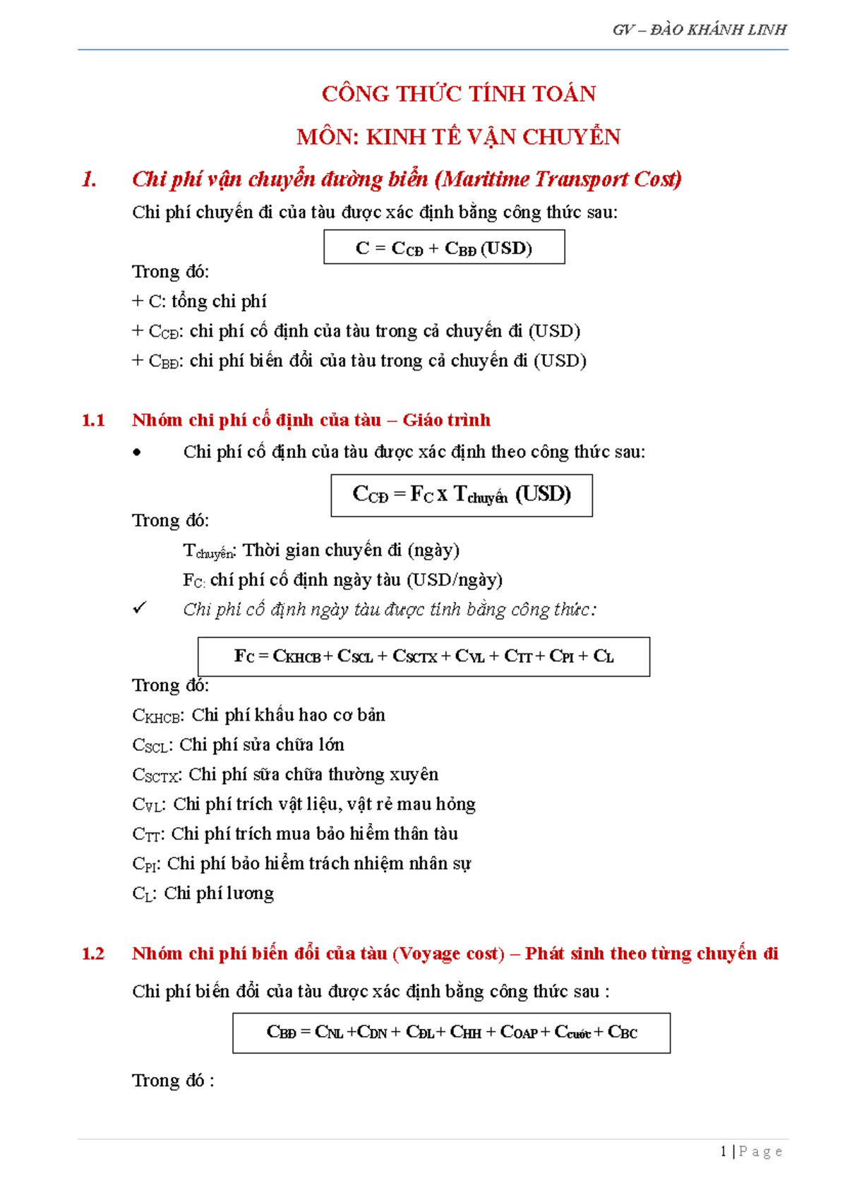 Tính toán bài tập - KTVC - Công thức tính toàn kinh tế vận chuyển ...
