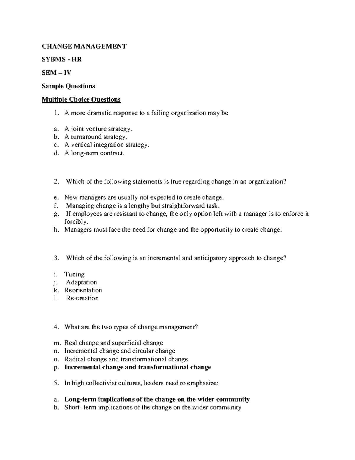CM - Change Management - CHANGE MANAGEMENT SYBMS - HR SEM – IV Sample ...