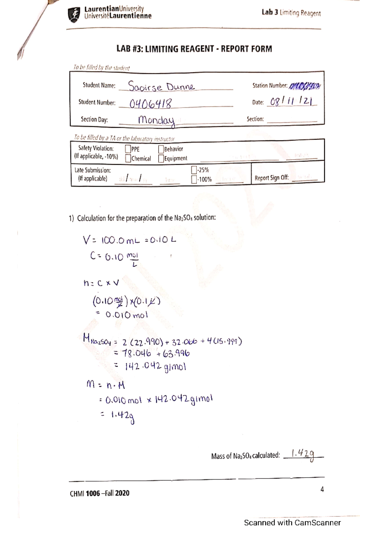 Lab 3 limiting reagent - This is the 3rd chem 1006 lab - chem1006 ...