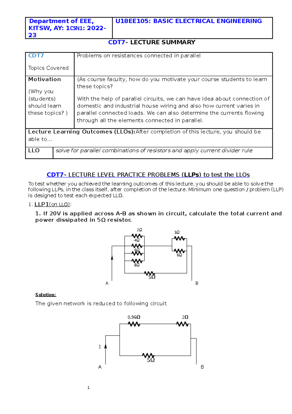 BEE CDT7 Summary - Problems on resistances connected in parallel - KITSW, AY: 1CSN1: 2022- 23 ...