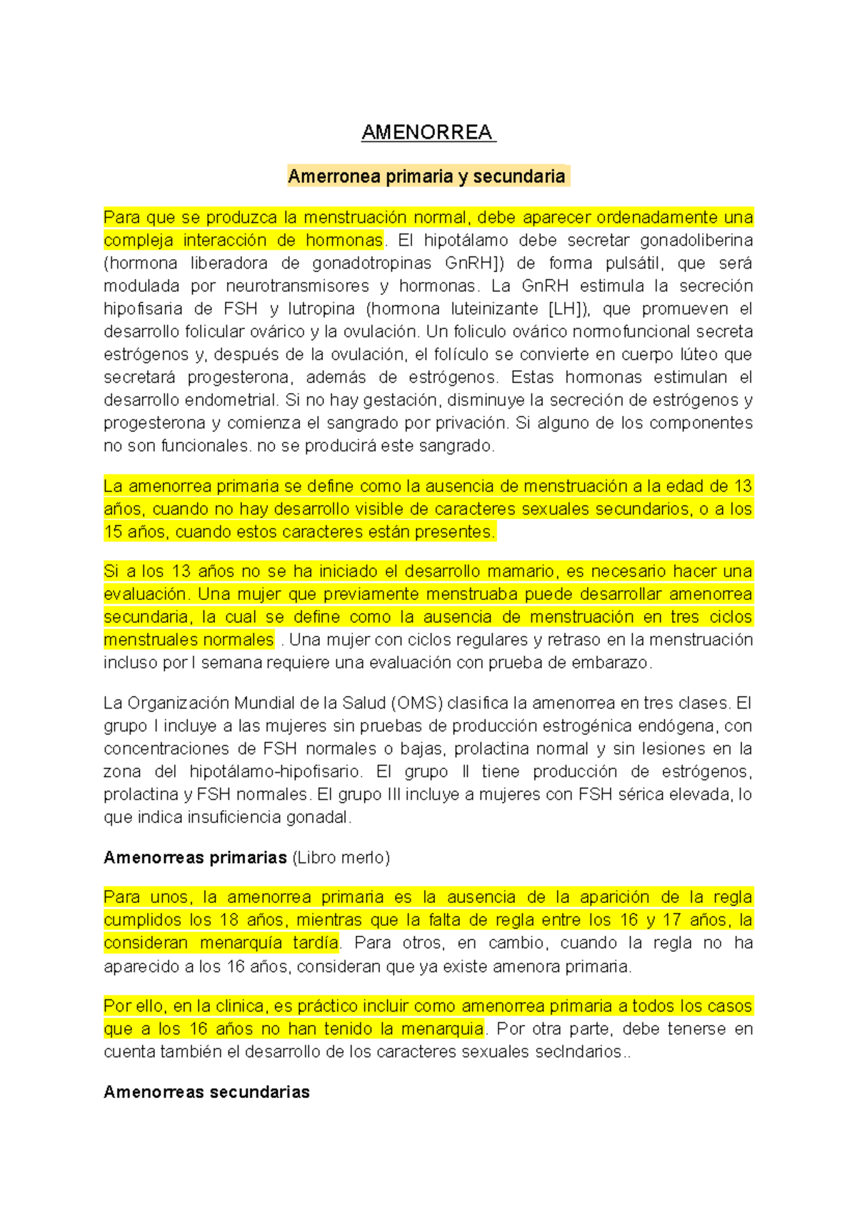 7 - Resumen - AMENORREA Amerronea primaria y secundaria Para que se ...